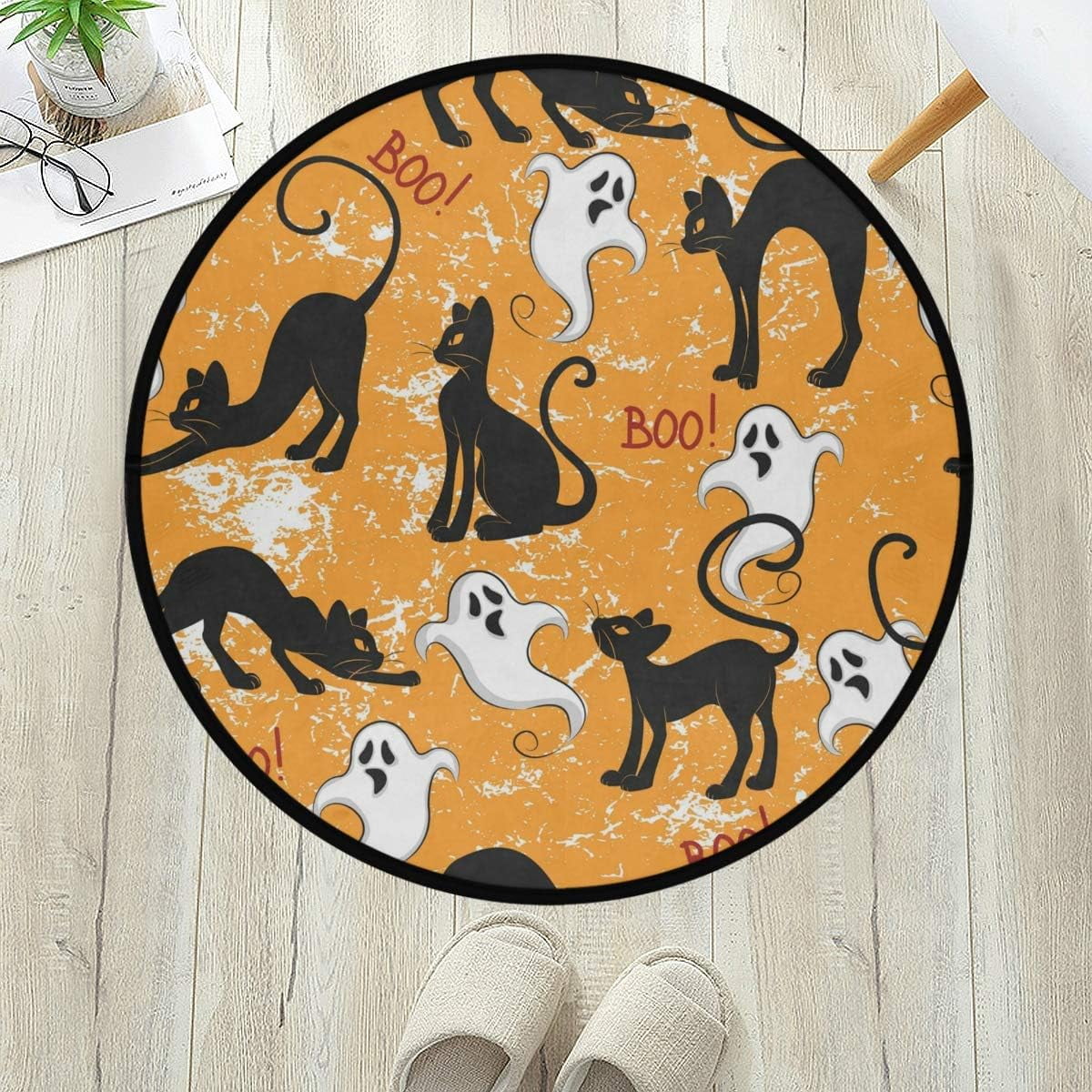 GZHJMY Horror Halloween Anti Fatigue Round Area Rug Black Cat Ghost Non ...