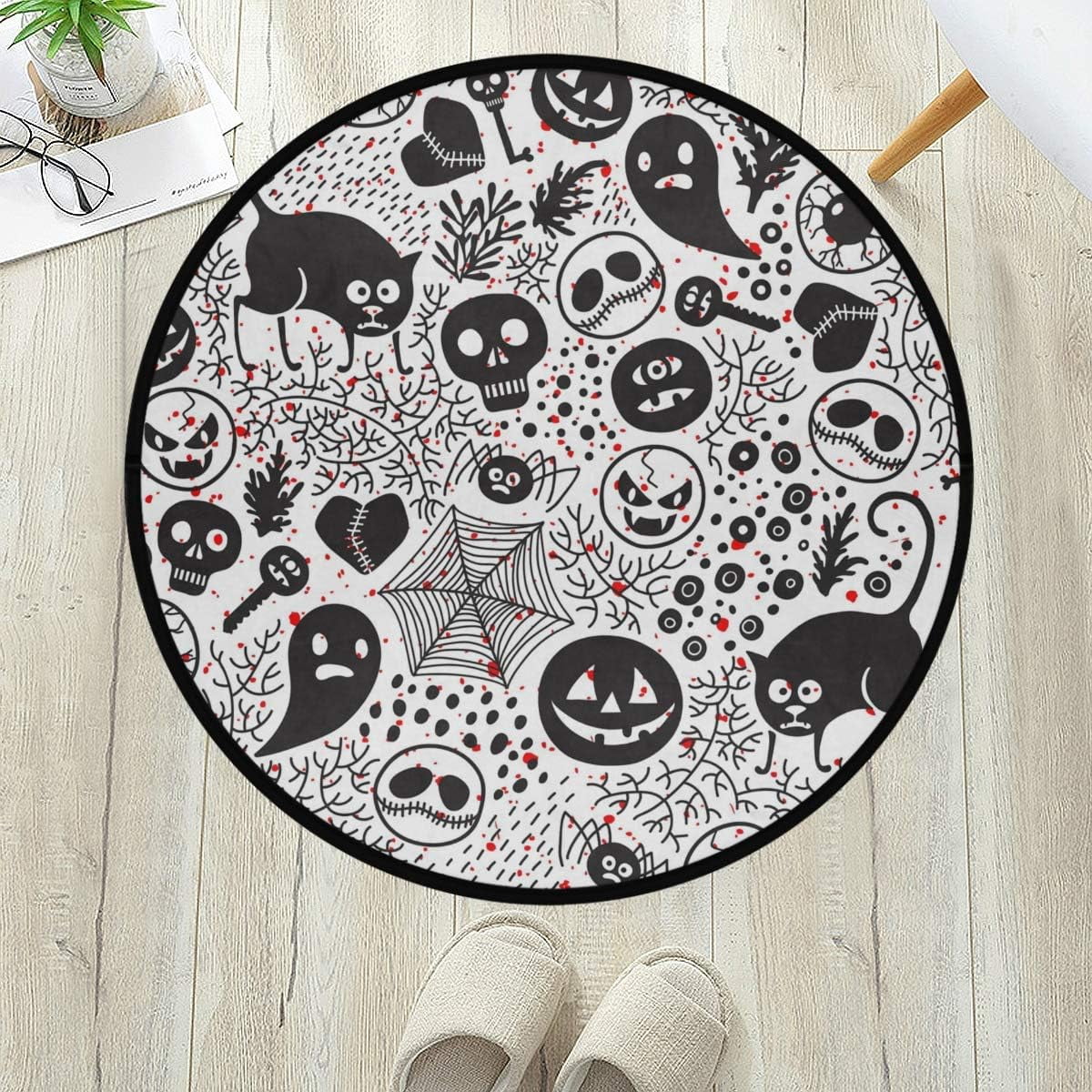 GZHJMY Horror Halloween Anti Fatigue Round Area Rug Black Cat Skull Non ...