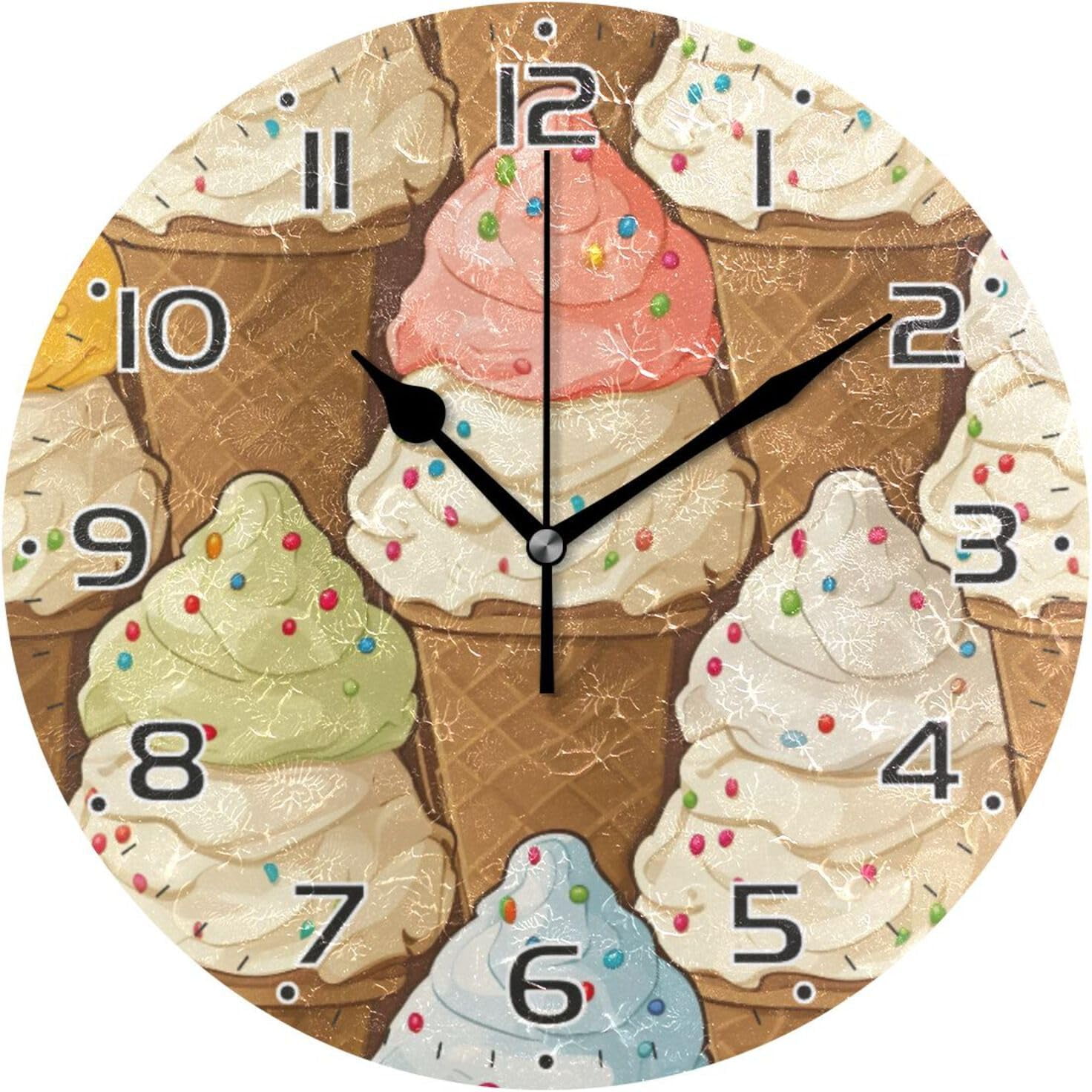 GZHJMY Ice Cream Cone Clock Silent Round PVC Wall Clock Non Ticking ...