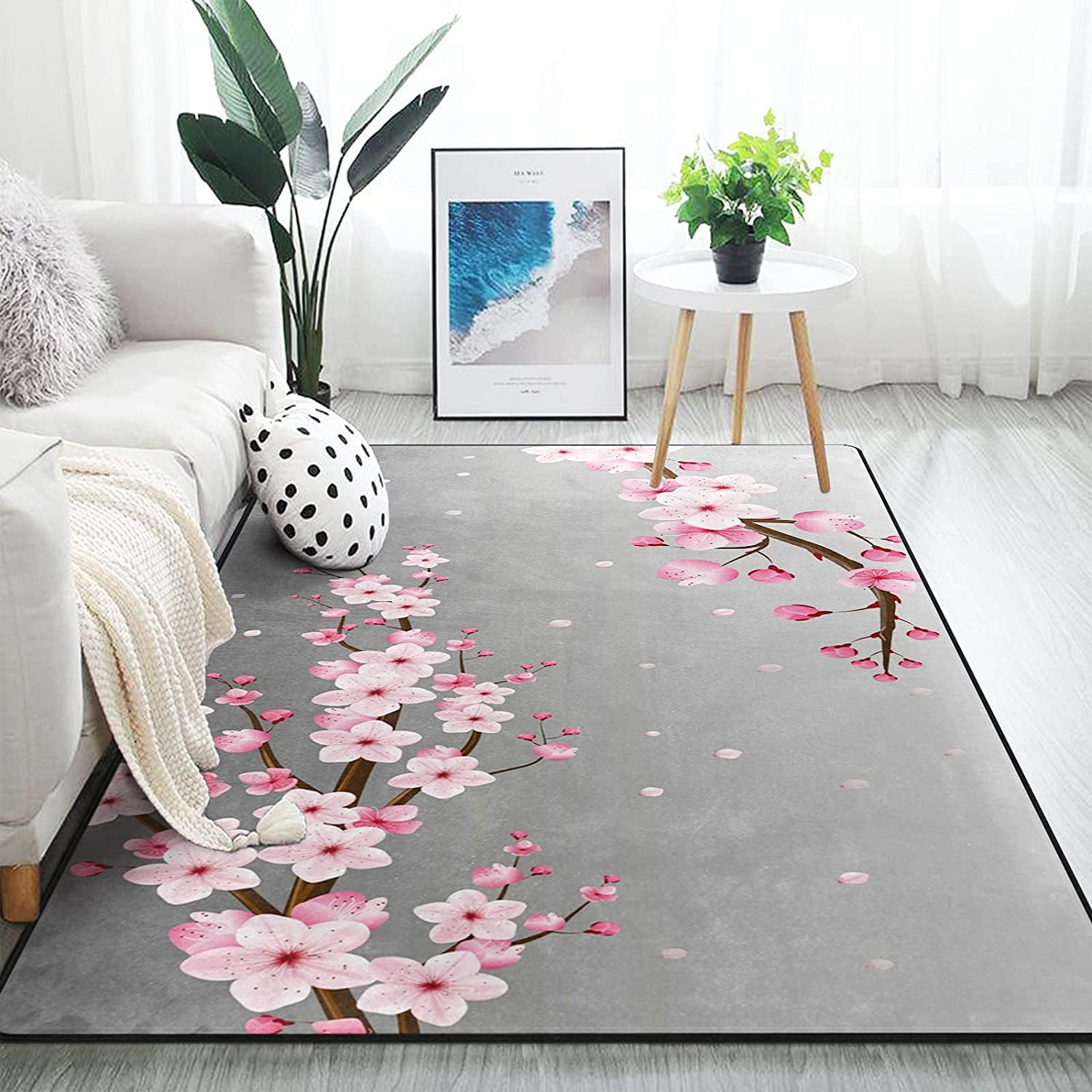 GZHJMY Japanese Cherry Blossom Flower on Gray Area Rug Living Room Rugs ...