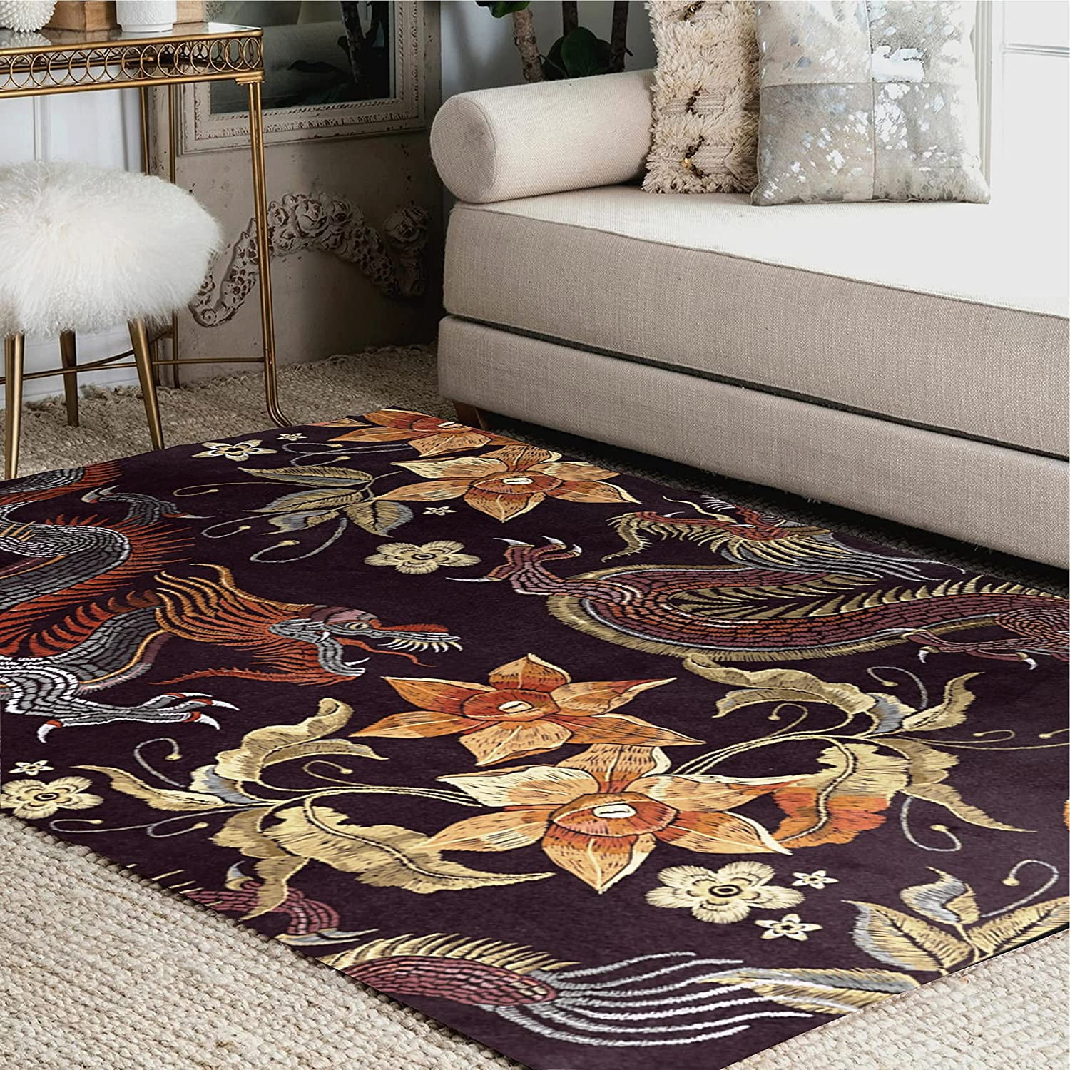 GZHJMY Japanese Dragon Flower Vintage Area Rug Living Room Rugs - 5'3 ...