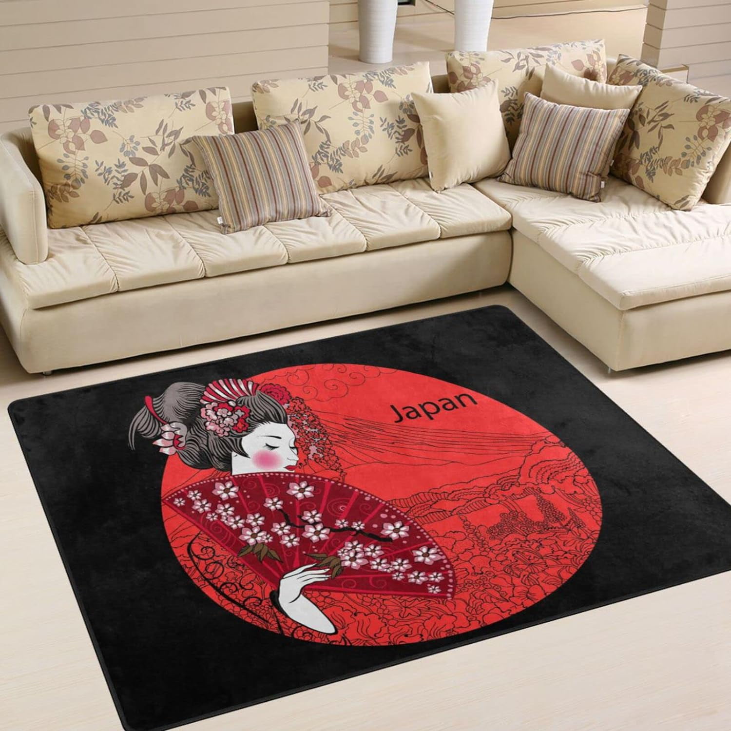 GZHJMY Japanese Geisha Sun Black Area Rug Living Room Rugs - 5'3" x4 ...
