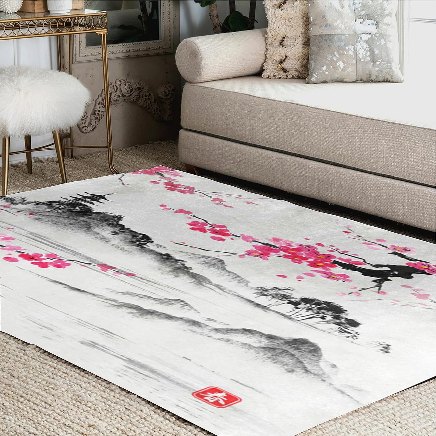GZHJMY Japanese Oil Painting Cherry Blossom Flower Area Rug Living Room ...