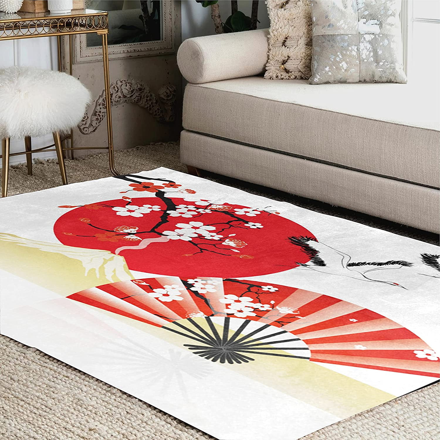 GZHJMY Japanese Style Mountain Fuji Cherry Blossom Crane Area Rug ...
