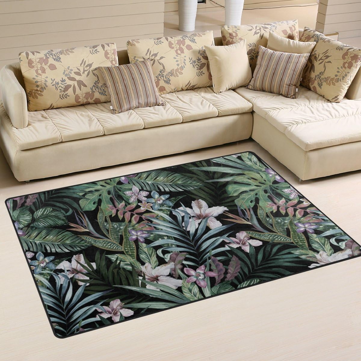 GZHJMY Jungle Leaves Area Rug 3'x5', Tropical Floral Print Polyester ...