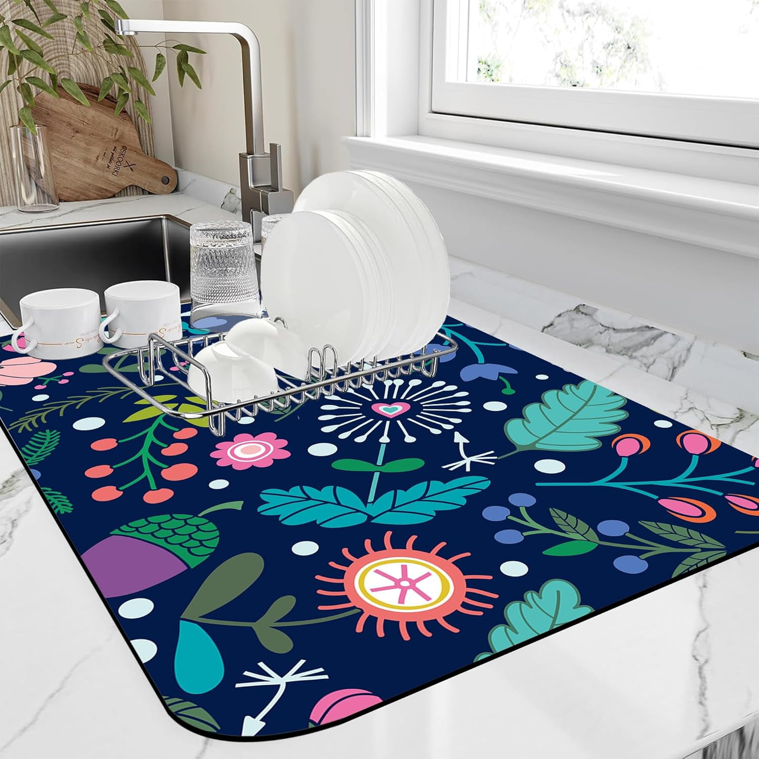 GZHJMY Kitchen Mat Beautiful Floral Dish Drying Mat 12"x19" Absorbent ...