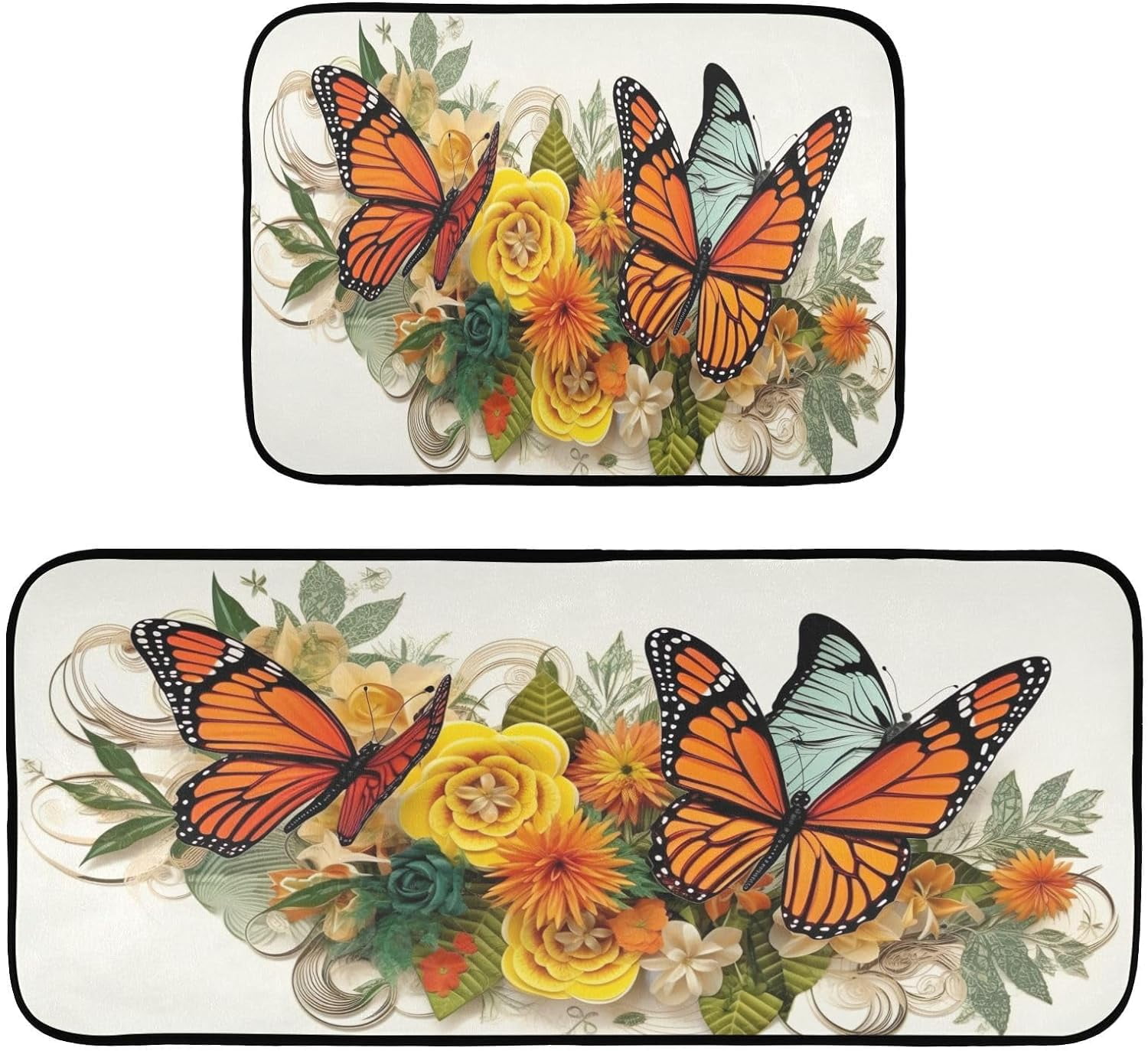 GZHJMY Kitchen Rug Set of 2, Flowers Butterflies Cushioned Anti-Fatigue ...