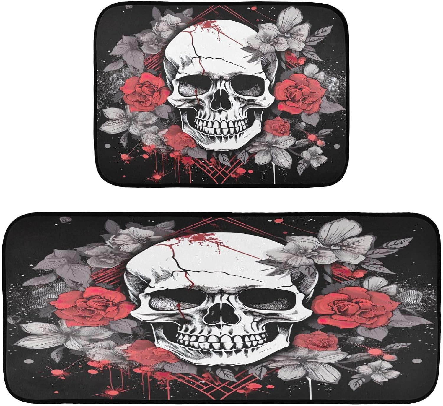 GZHJMY Kitchen Rug Set of 2, Skull Flowers Cushioned Anti-Fatigue ...