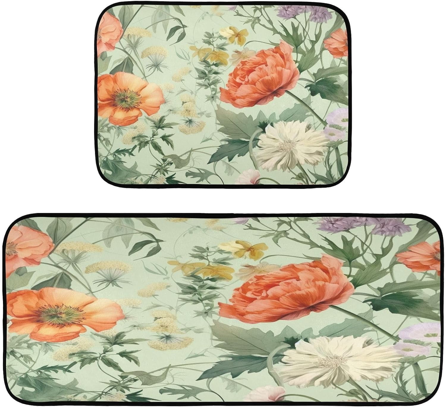 GZHJMY Kitchen Rug Set of 2, Watercolor Flowers Cushioned Anti-Fatigue ...