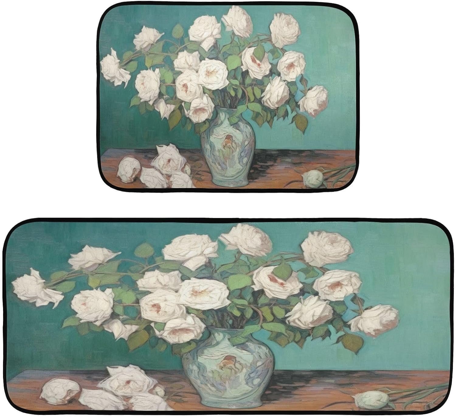 GZHJMY Kitchen Rug Set of 2, White Roses Cushioned Anti-Fatigue Kitchen ...