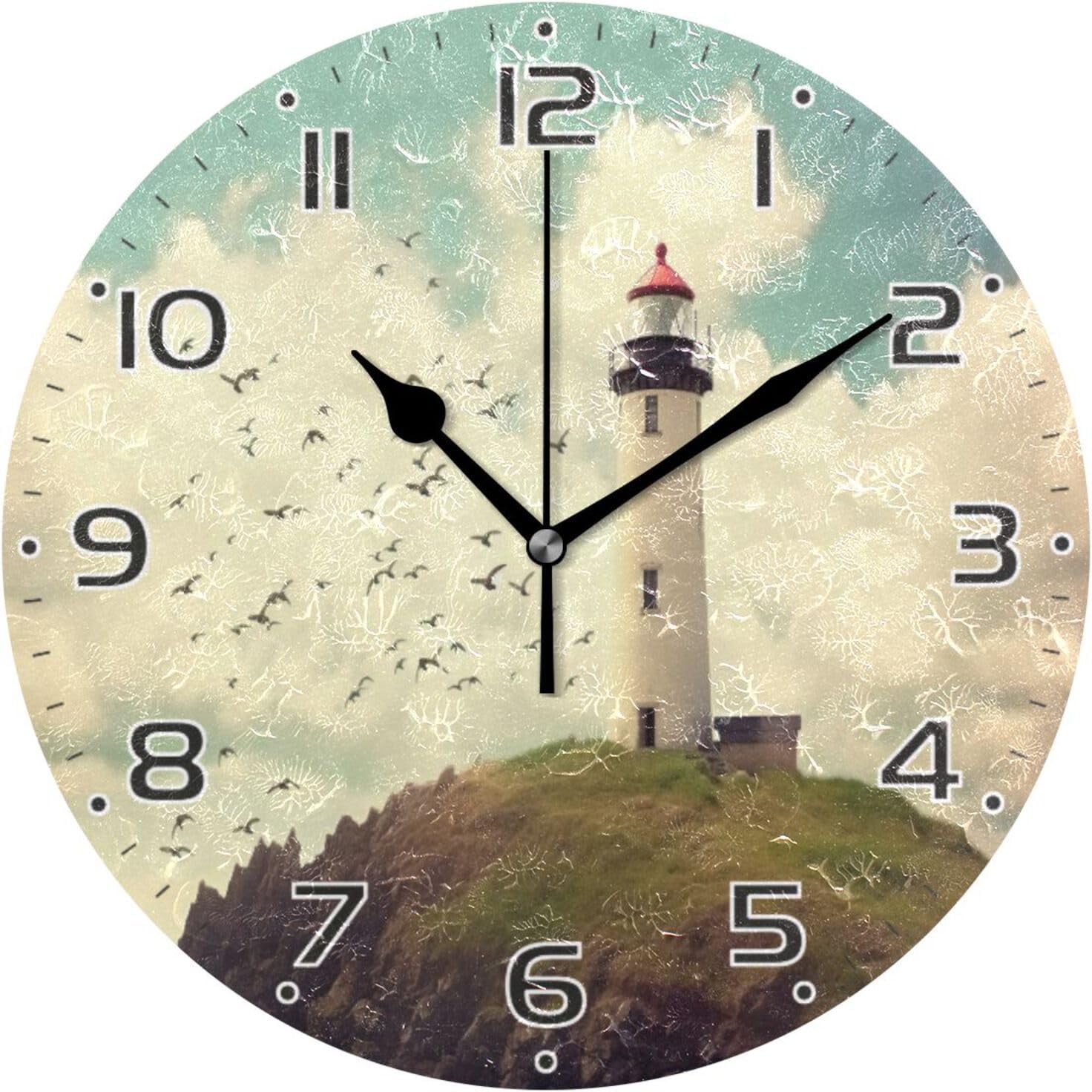 GZHJMY Lighthouse Clock Silent Round Wall Clock Non Ticking Battery ...