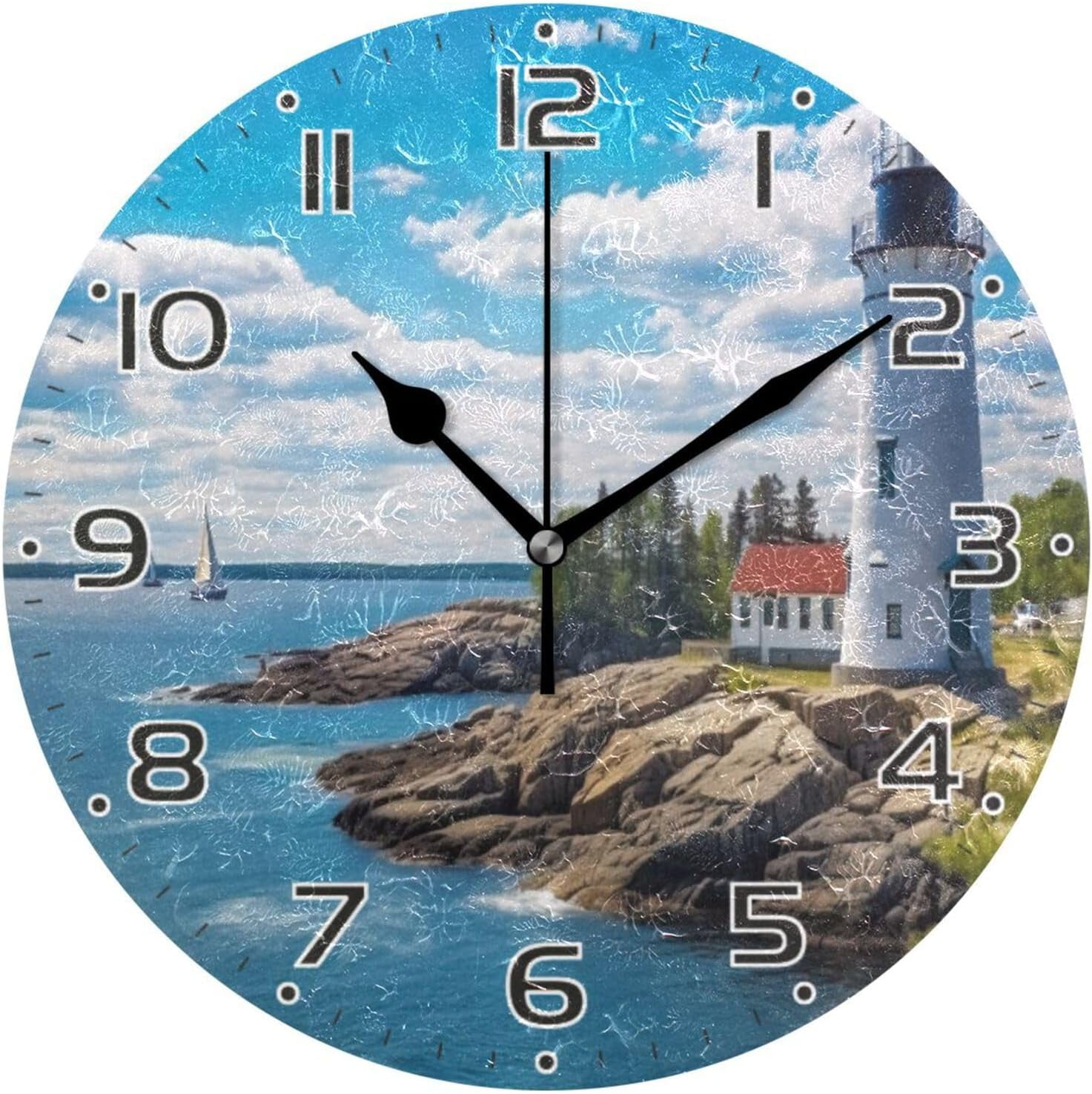GZHJMY Lighthouse on Ocean Clock Silent Round Wall Clock Non Ticking ...