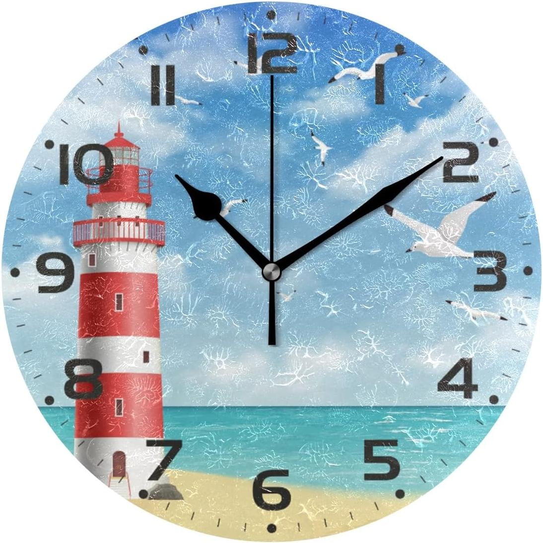 GZHJMY Lighthouse Sea Beach Wall Clock, 10" Silent Non Ticking Round ...