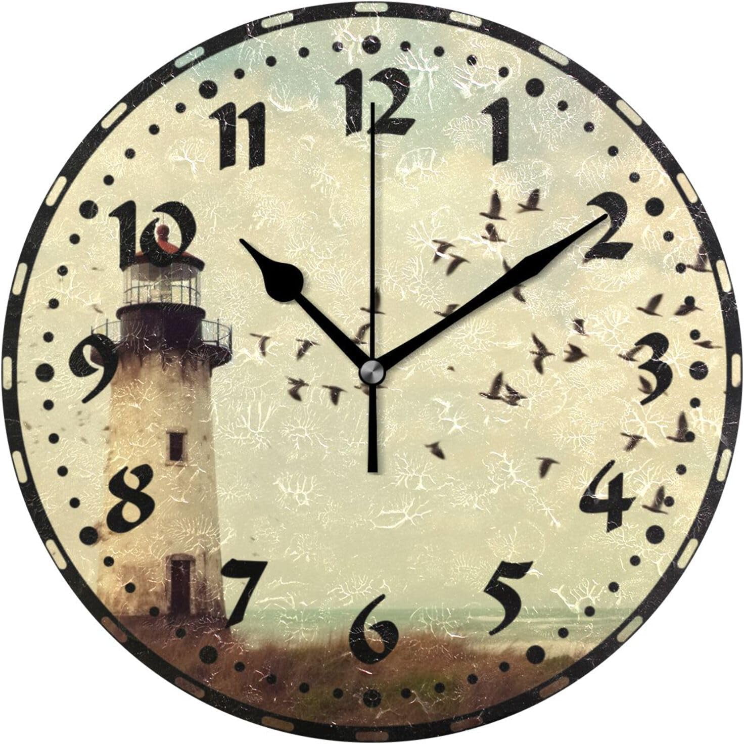GZHJMY Lighthouse Seascape Wall Clock, PVC Silent Non Ticking 10 Inch ...