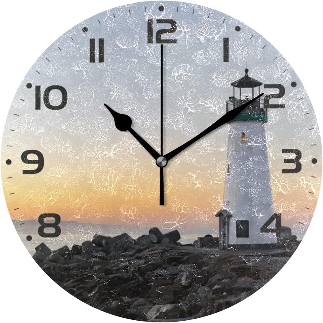GZHJMY Lighthouse Wall Clock, 10" Silent Non Ticking Round Clock, Oil ...