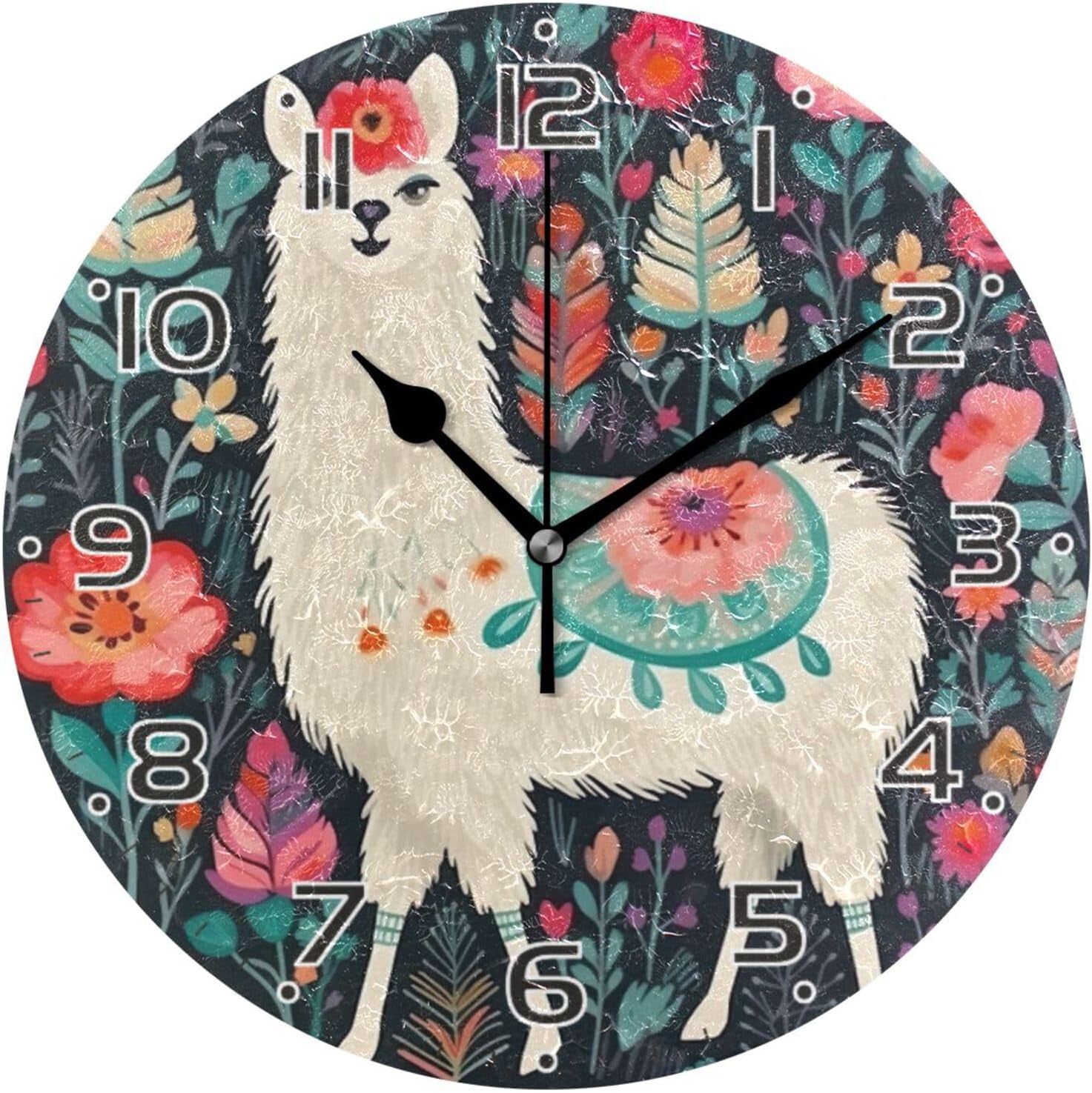 GZHJMY Llama Clock Silent Round PVC Wall Clock Non Ticking Battery ...