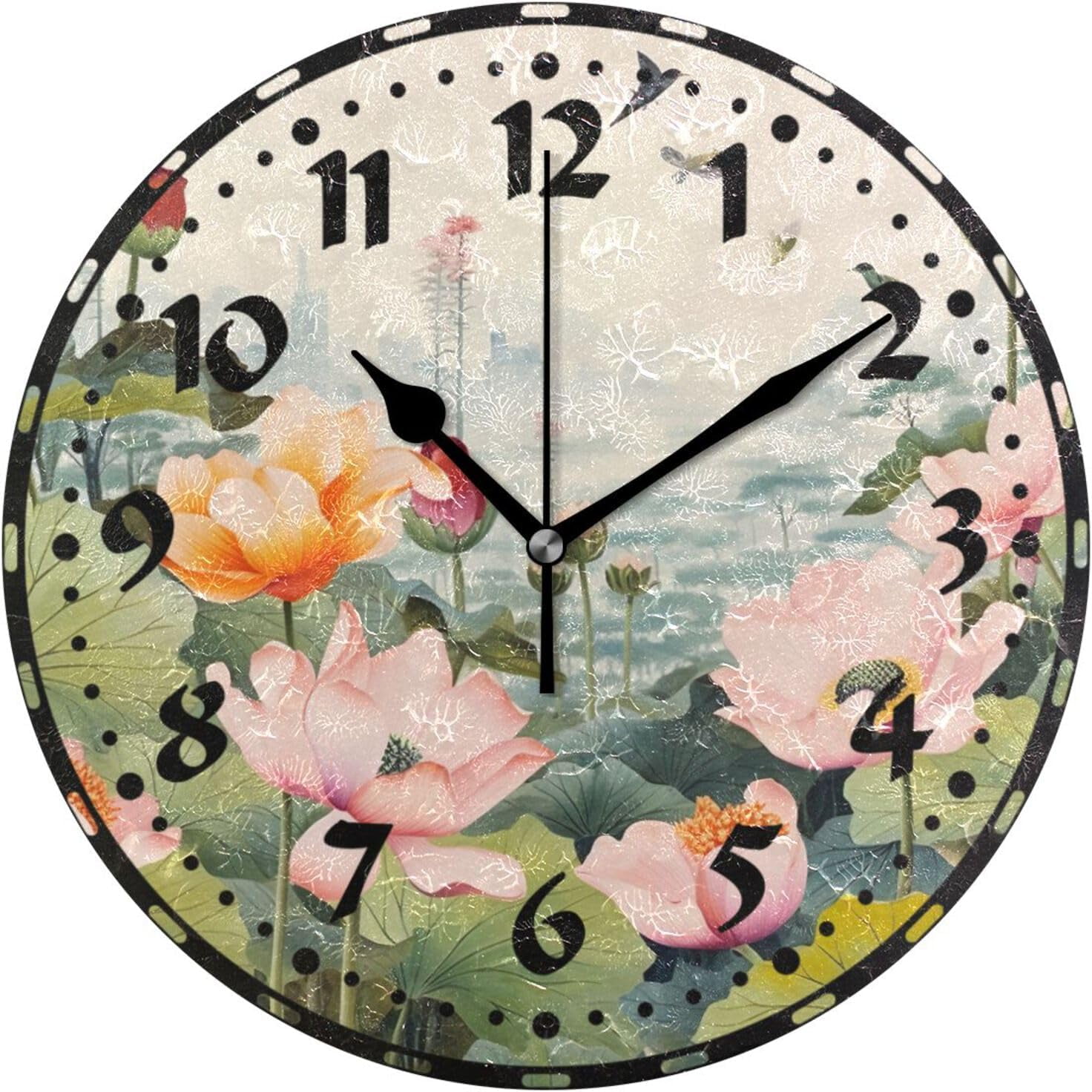 GZHJMY Lotus Flowers Garden Wall Clock, PVC Silent Non Ticking 10 Inch ...