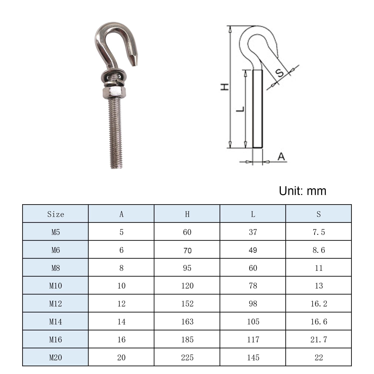 GZHJMY M10 Extended Shank Eye Bolts, 304 Stainless Steel Circular Eye ...