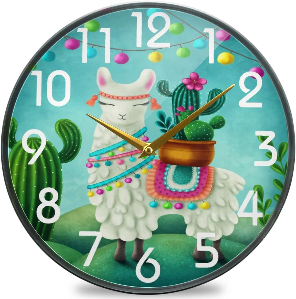 GZHJMY Magic Cute Llama with Cactus Round Wall Clock, 9.5 Inch Silent ...