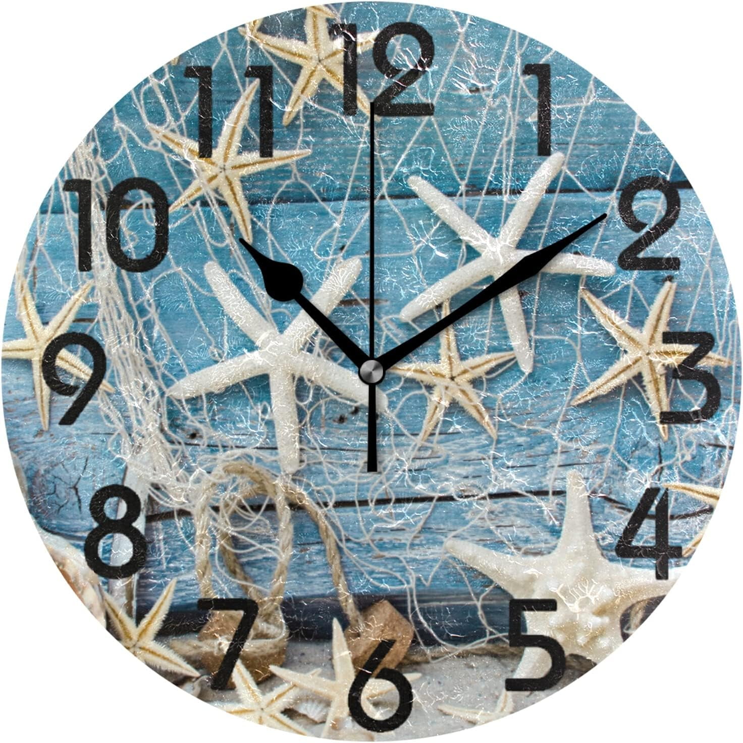 GZHJMY Maritime Seashell Fishing Net On Wood Round Wall Clock, 9.5 Inch ...
