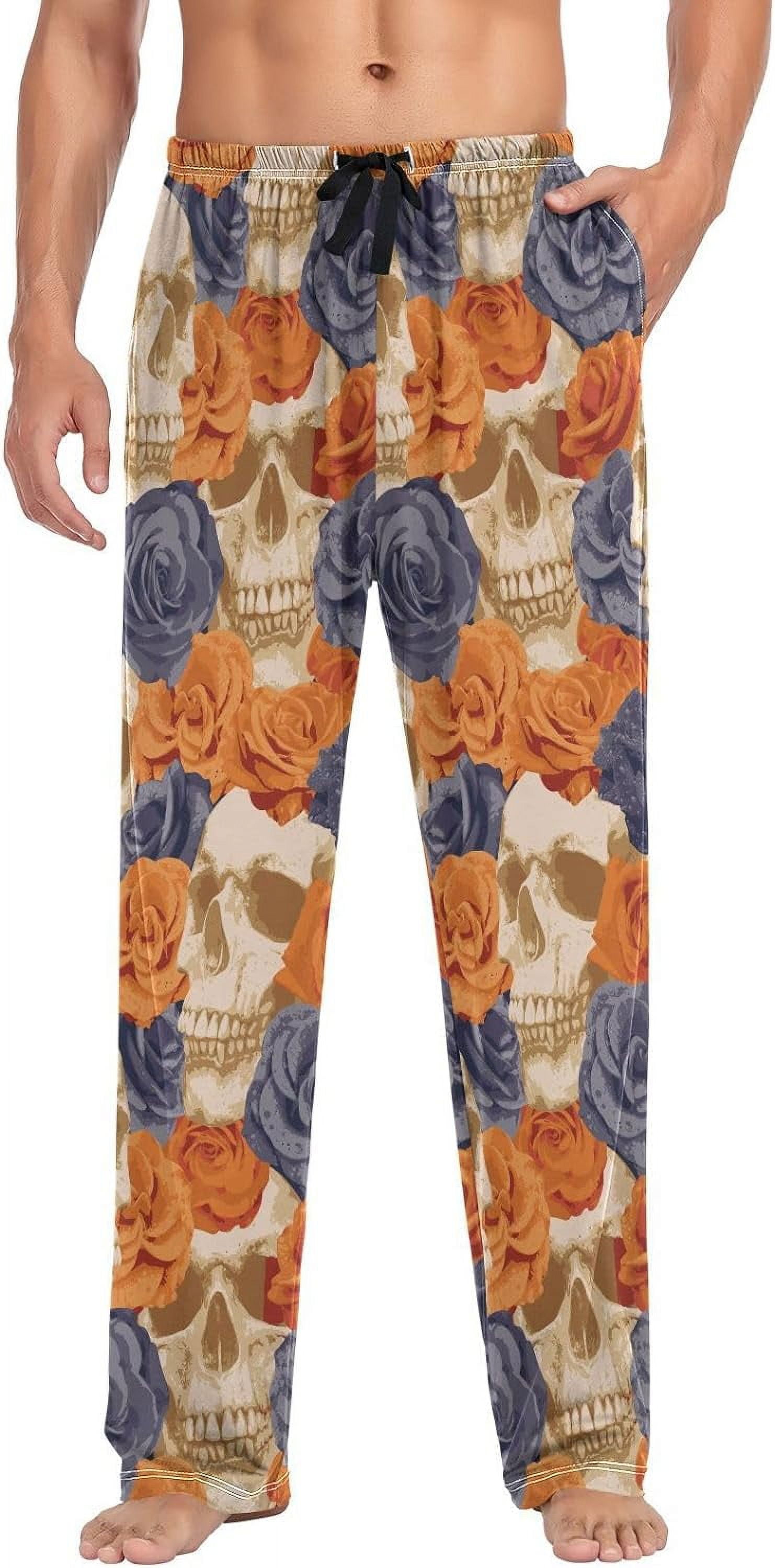 GZHJMY Men’s Cotton Pajama Pant – Grey Orange Rose Skull Print Lounge ...