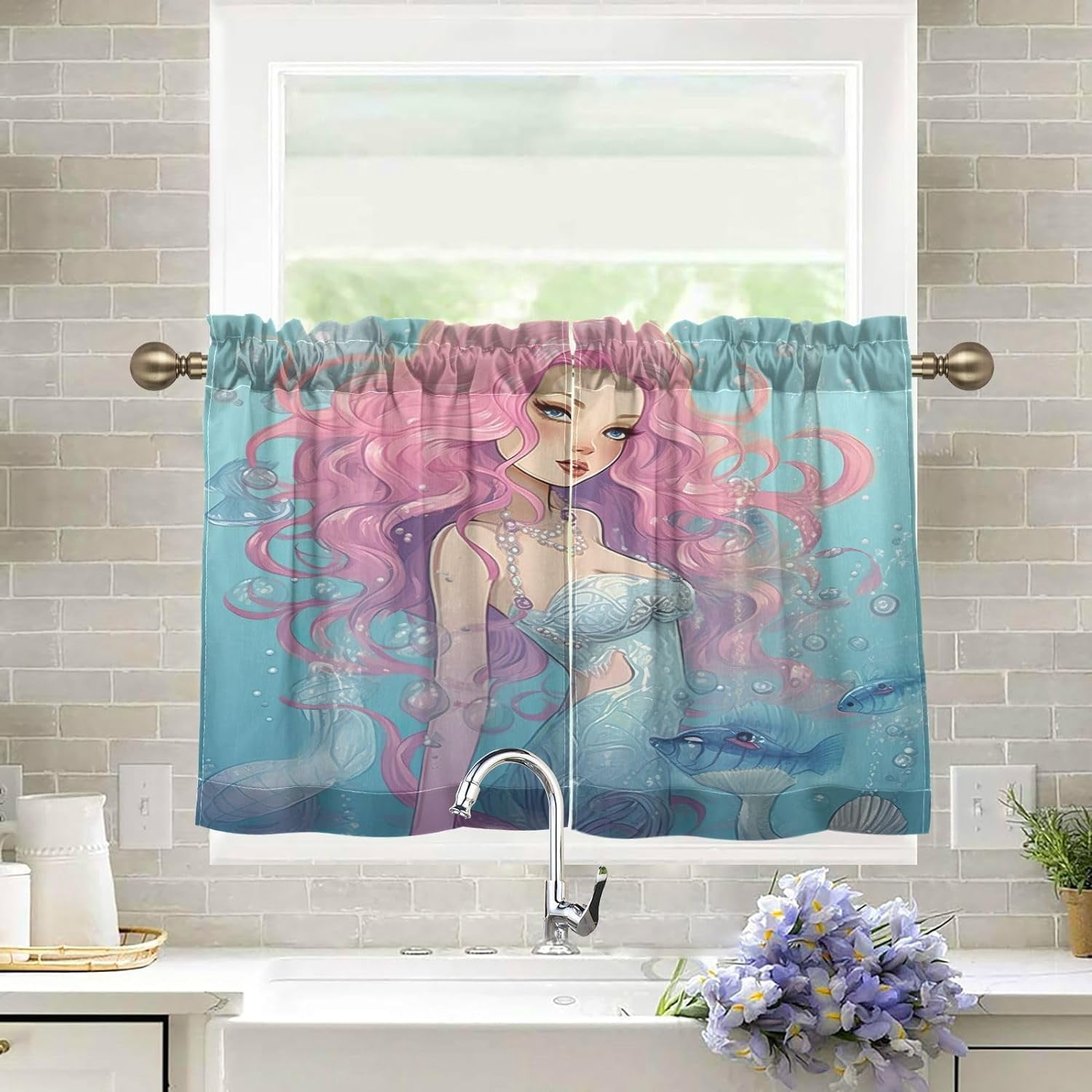 GZHJMY Mermaid Half Window Tier Curtains 24 Inch Blackout Thermal ...