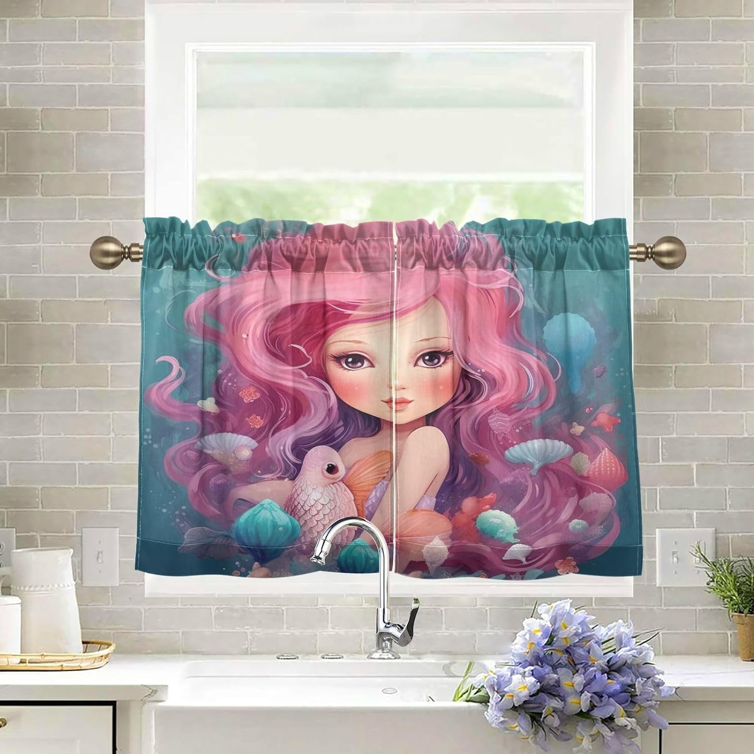 GZHJMY Mermaid Half Window Tier Curtains 36 Inch Blackout Thermal ...