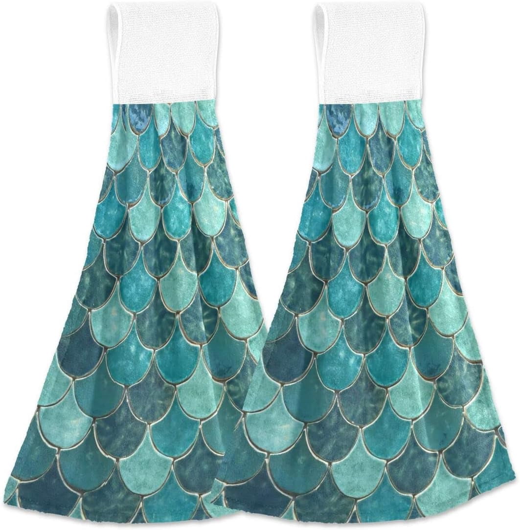 GZHJMY Mermaid Scale Hanging Kitchen Towels 2 Pcs Teal Wave Absorbent ...