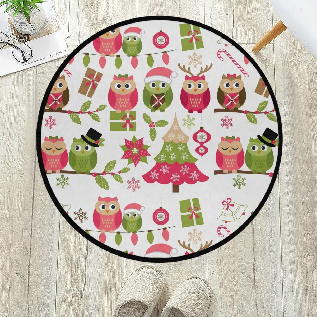 GZHJMY Merry Christmas Anti Fatigue Round Area Rug Cute Winter Owls Non ...
