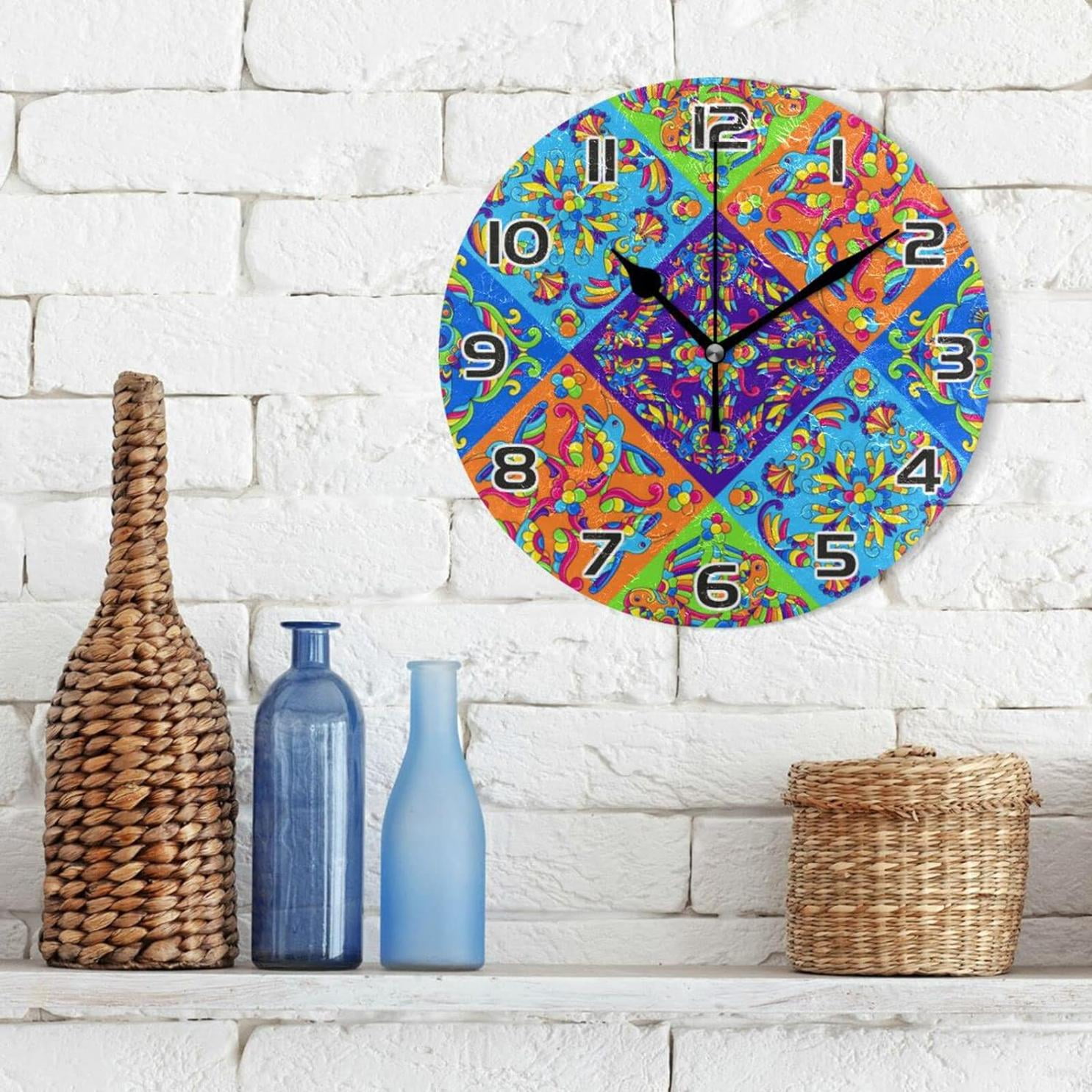 GZHJMY Mexican Talavera Ceramic Tile Pattern Clock, Silent Round Wall ...