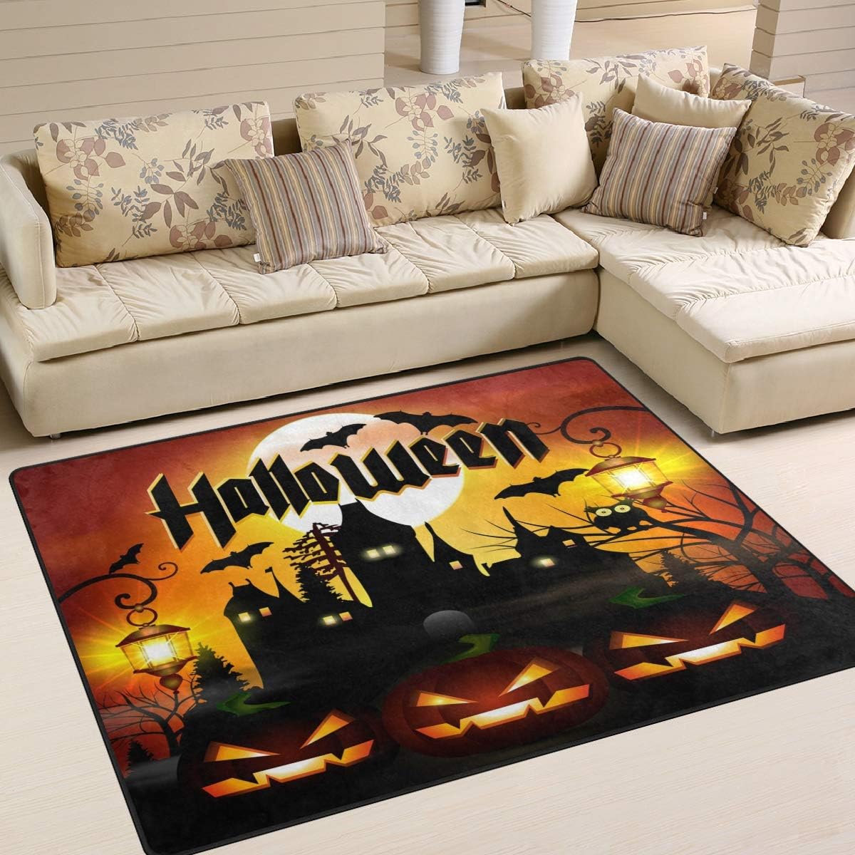 GZHJMY Moon Night Halloween Castle Pumpkin Bat Owl Area Rug Living Room ...