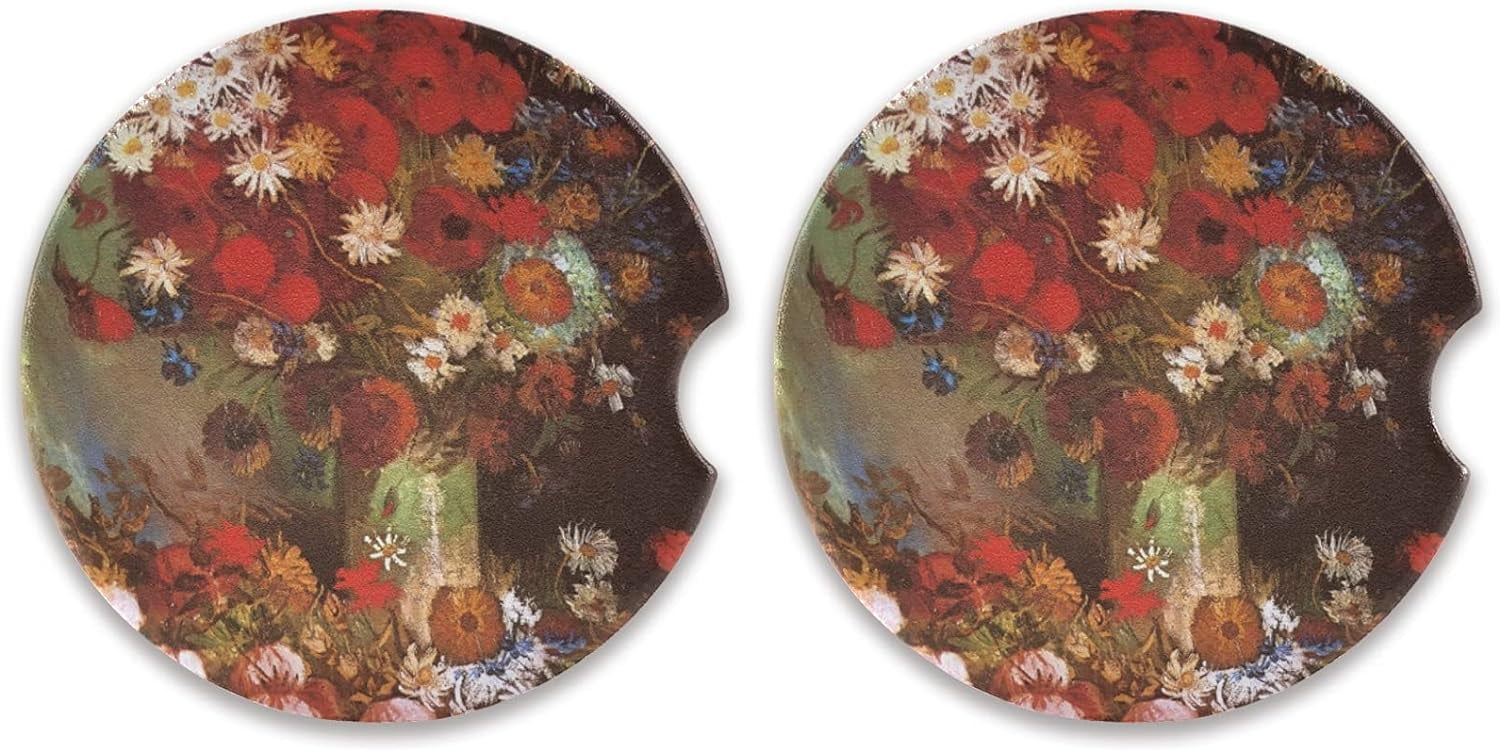 GZHJMY Multicolored Flowers Car Coasters 2 Pieces, Absorbent Ceramic ...