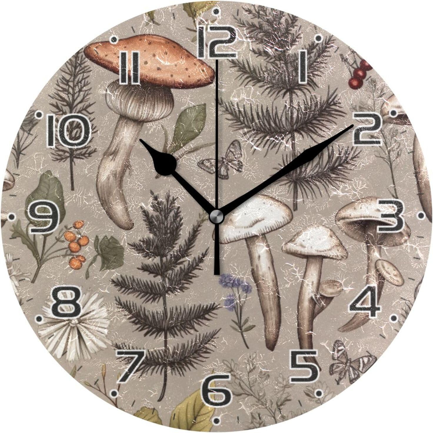 GZHJMY Mushroom Brown Clock Silent Round PVC Wall Clock Non Ticking ...