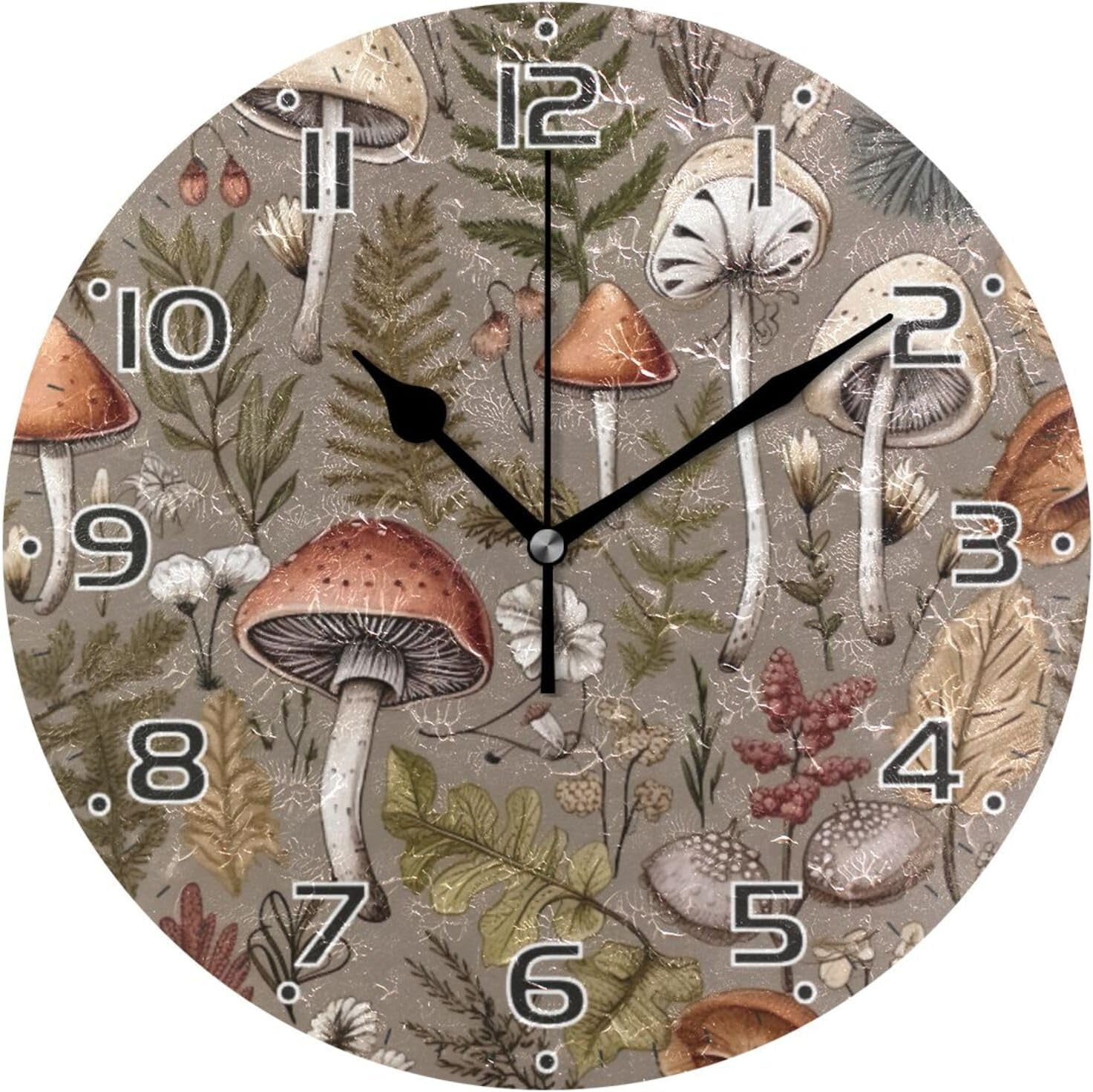 GZHJMY Mushroom Brown Clock Silent Round Wall Clock Non Ticking Battery ...