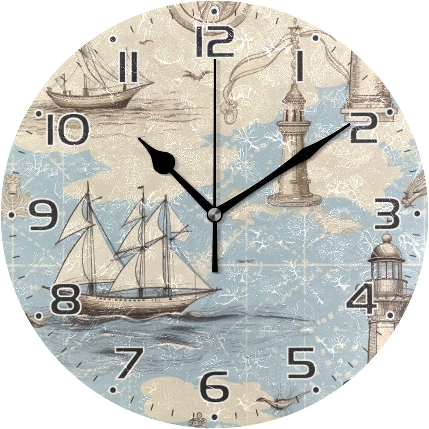 GZHJMY Nautical Elements Clock Silent Round Wall Clock Non Ticking ...