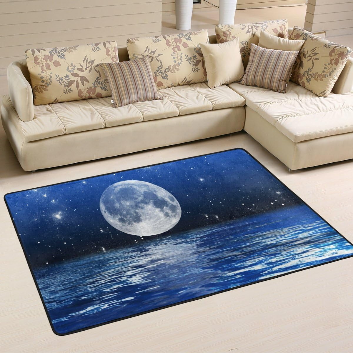 GZHJMY Ocean Area Rug 4'x6', Night Sky with Moon Stars and Clouds ...