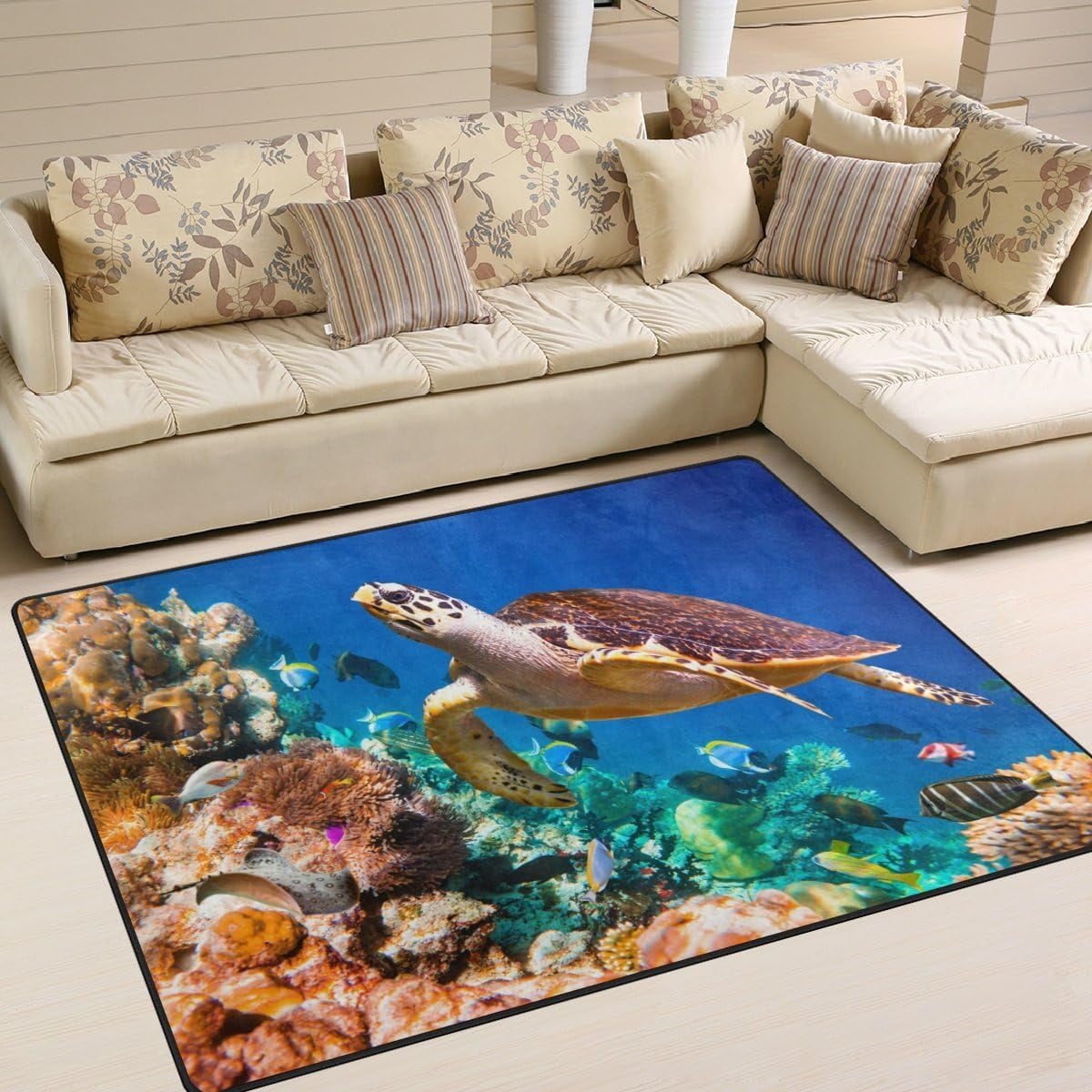 GZHJMY Ocean Beach Theme Area Rug 4'x5', Hawaiian Green Sea Turtle ...
