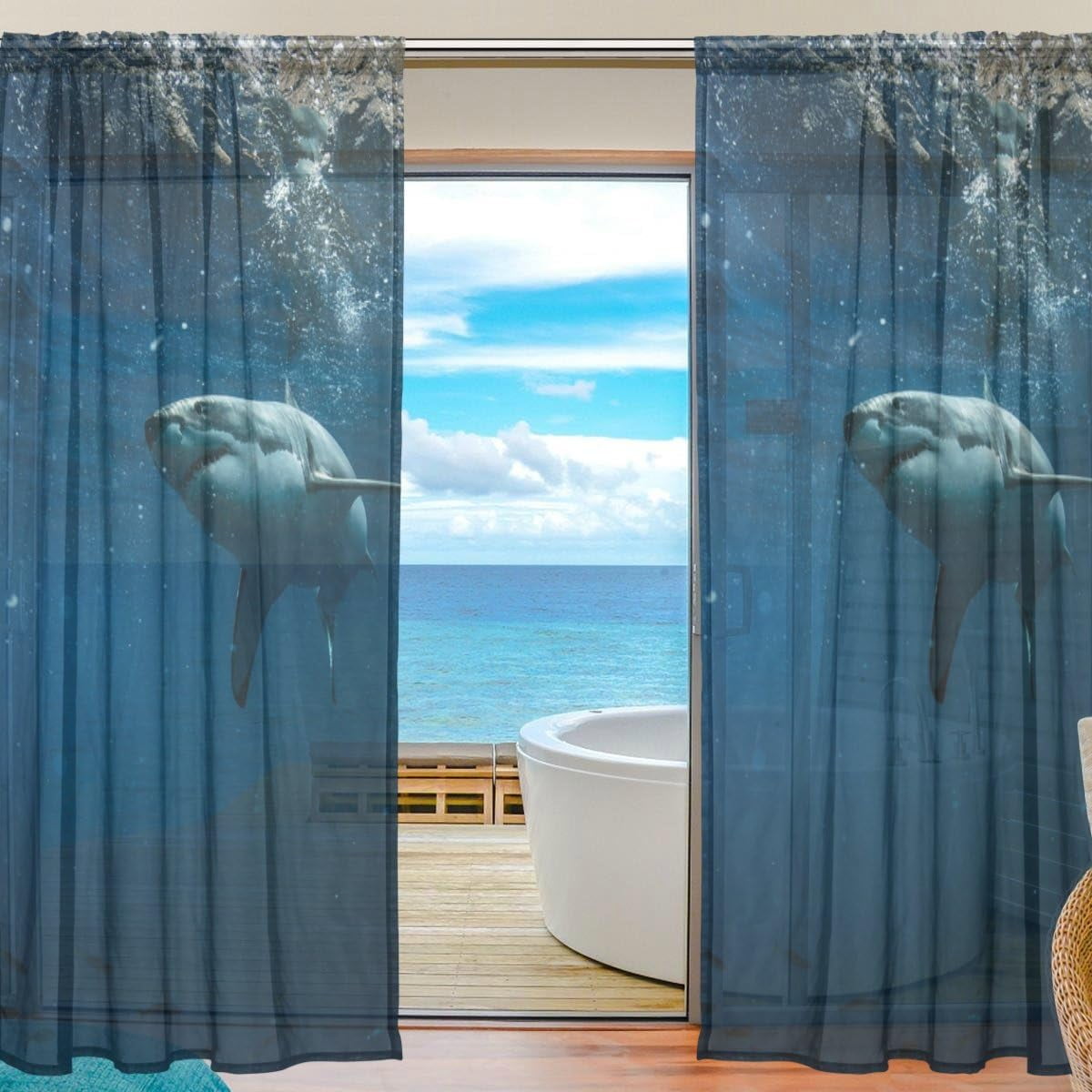 GZHJMY Ocean Sea Huge Shark Sheer Window Curtain Panel Drape 55x84 Inch ...