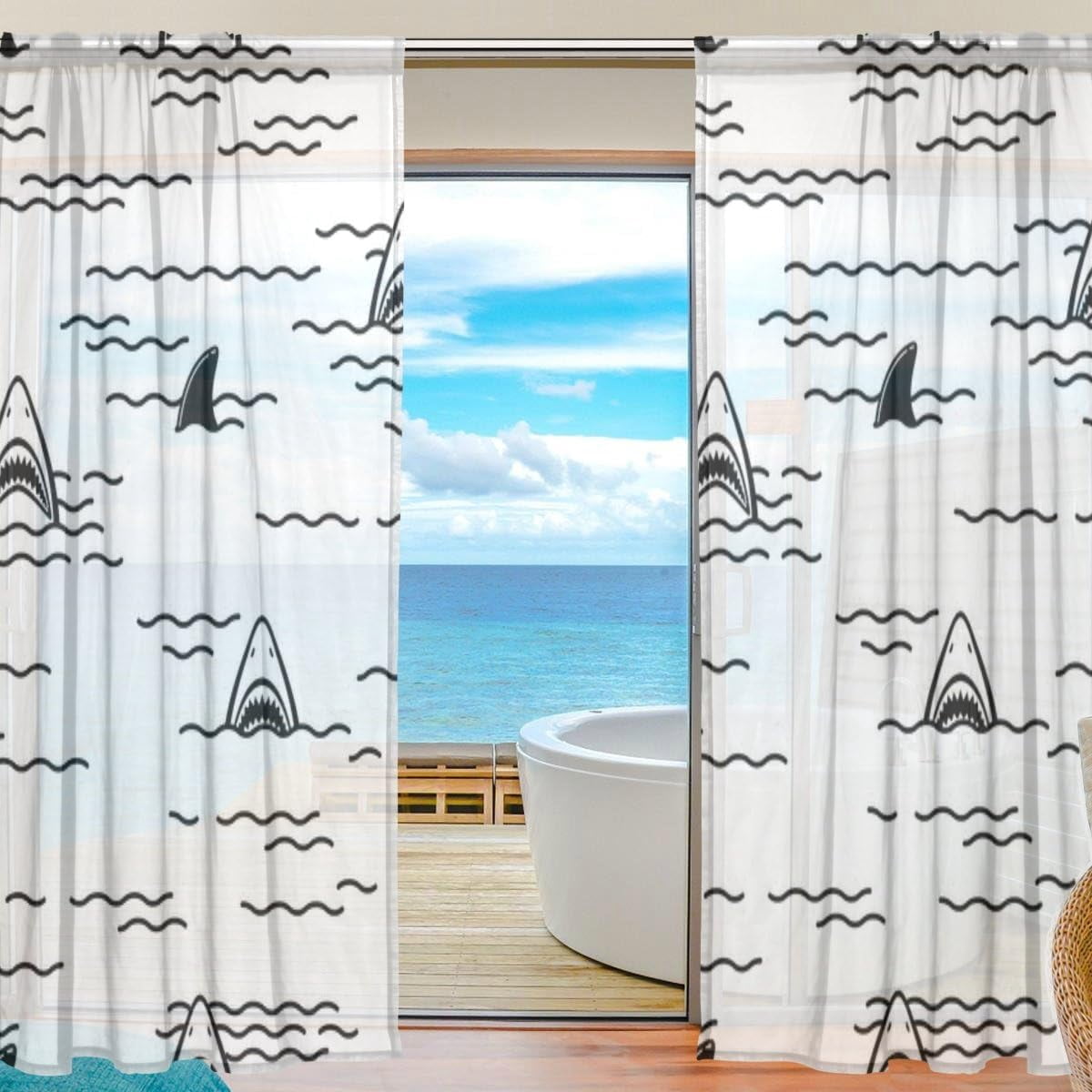 GZHJMY Ocean Shark Mouth Sheer Window Curtain Panel Drape 55x78 Inch ...
