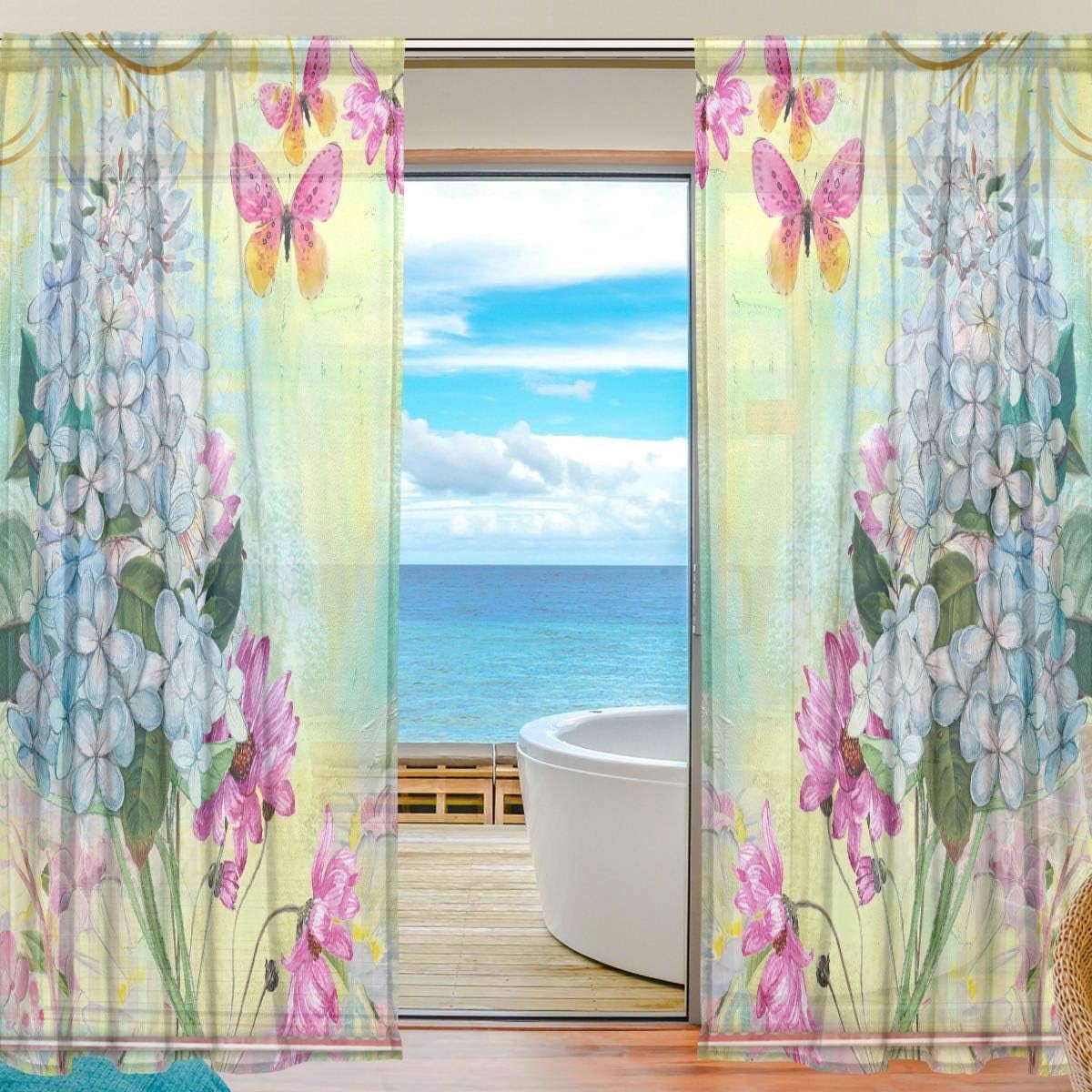 GZHJMY Oil Painting Flower Butterfly Colorful Sheer Curtains Window ...