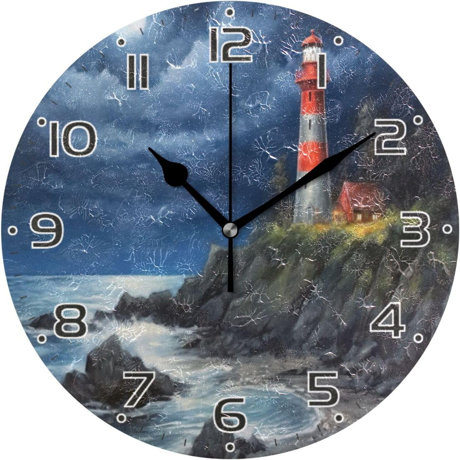 GZHJMY Oil Painting Lighthouse Clock Silent Round Wall Clock Non ...