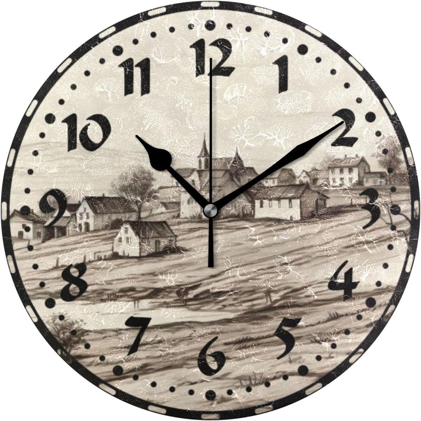GZHJMY Old Village Pattern Wall Clock, PVC Silent Non Ticking 10 Inch ...