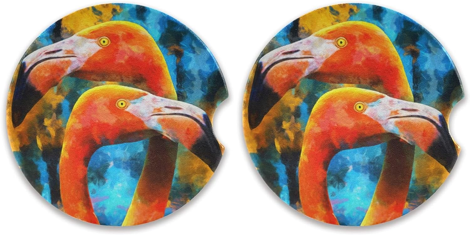 GZHJMY Orange Flamingos Car Coasters 2 Pieces, Absorbent Ceramic Cork ...