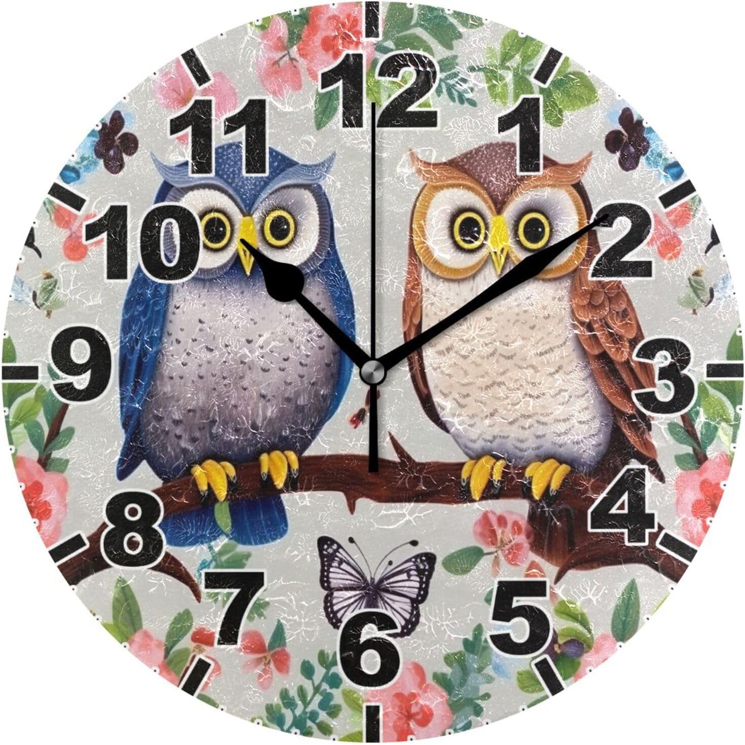 GZHJMY Owls Sitting on Branch Round Wall Clock, Battery Operated Silent ...