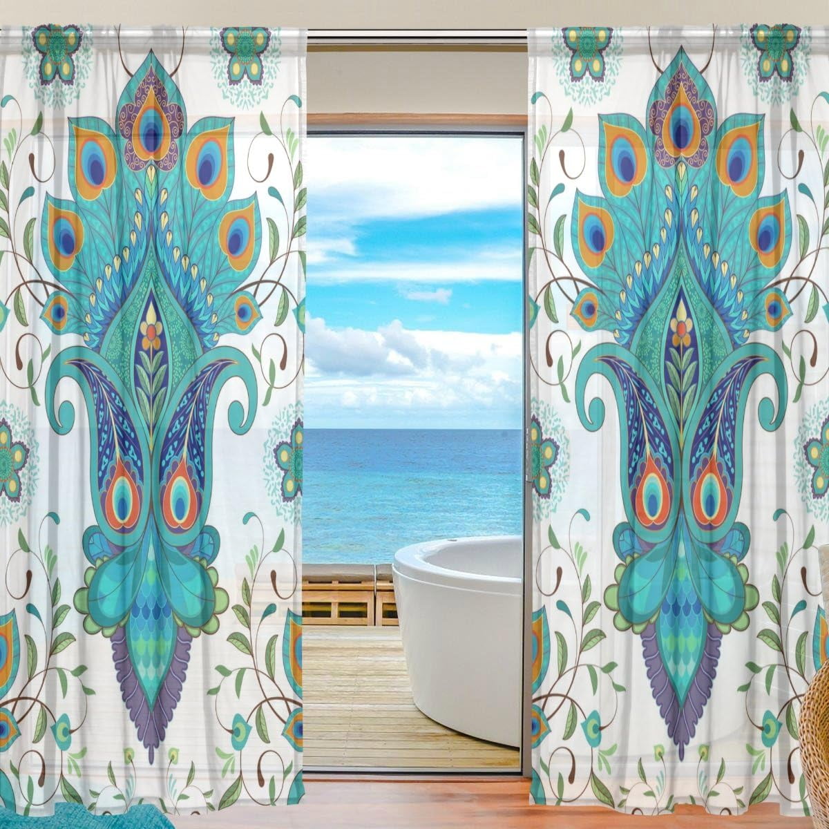 GZHJMY Paisley Flowers with Peacock Feathers Sheer Window Curtain Panel ...
