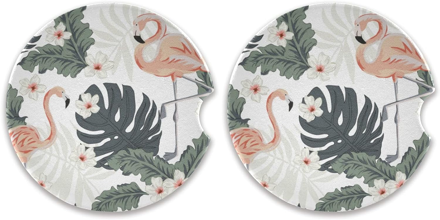 GZHJMY Palm Flamingo Car Coasters 2 Pieces, Absorbent Ceramic Cork Base ...