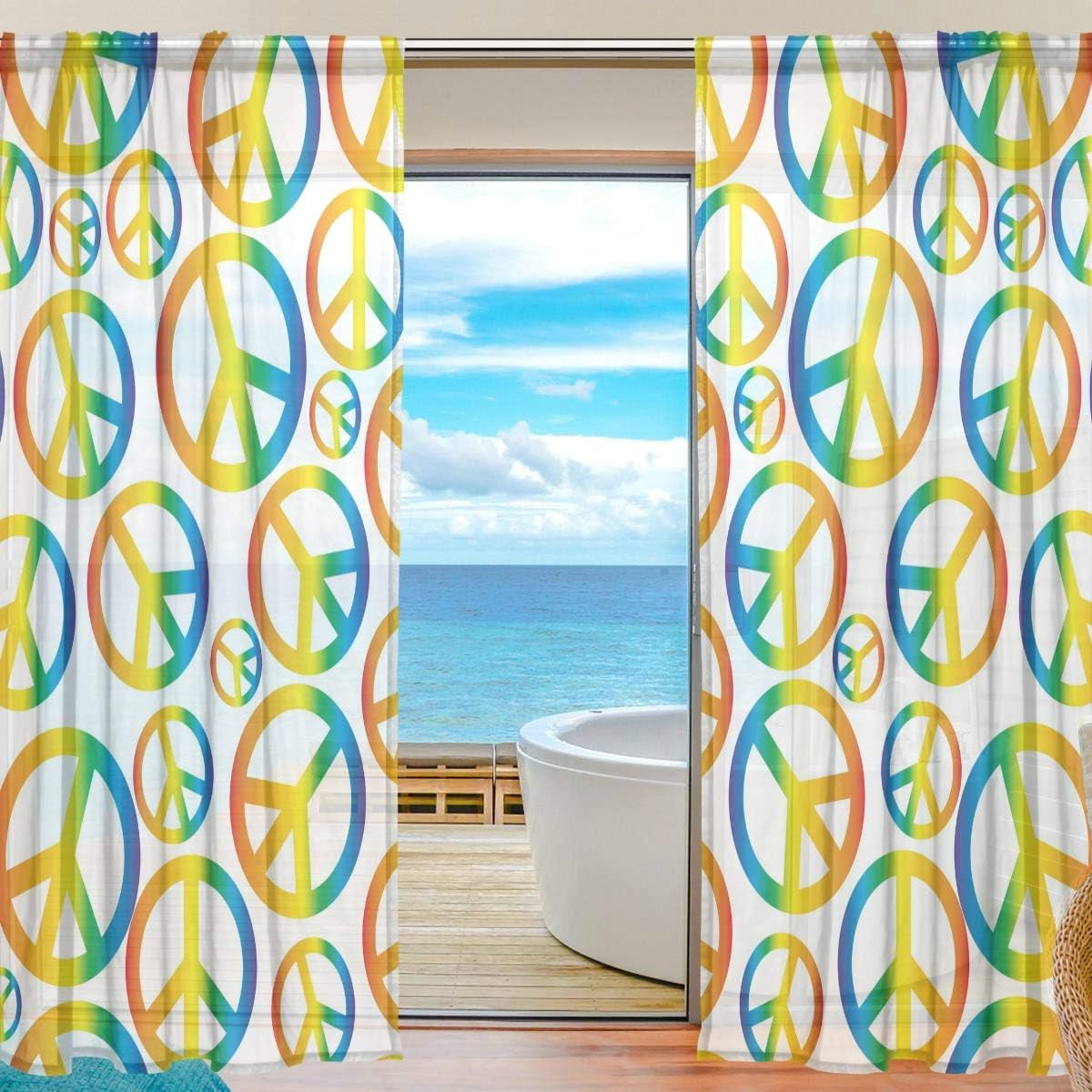 GZHJMY Peace Symbol with Circular Rainbow Gradient Sheer Curtains ...