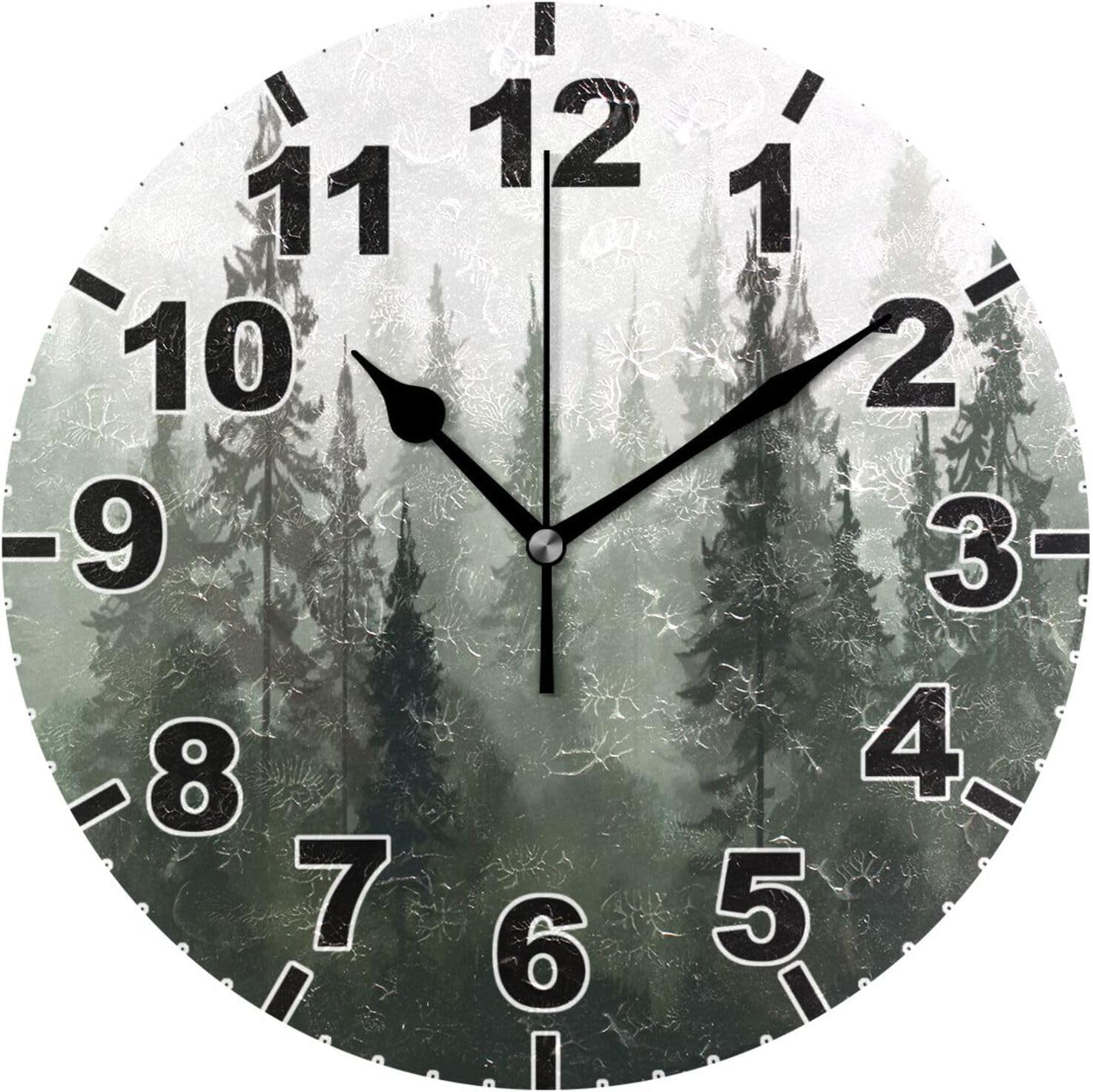 GZHJMY Pine Trees Round PVC Wall Clock, Battery Operated Silent Non Ticking Desk Clock for Home ...