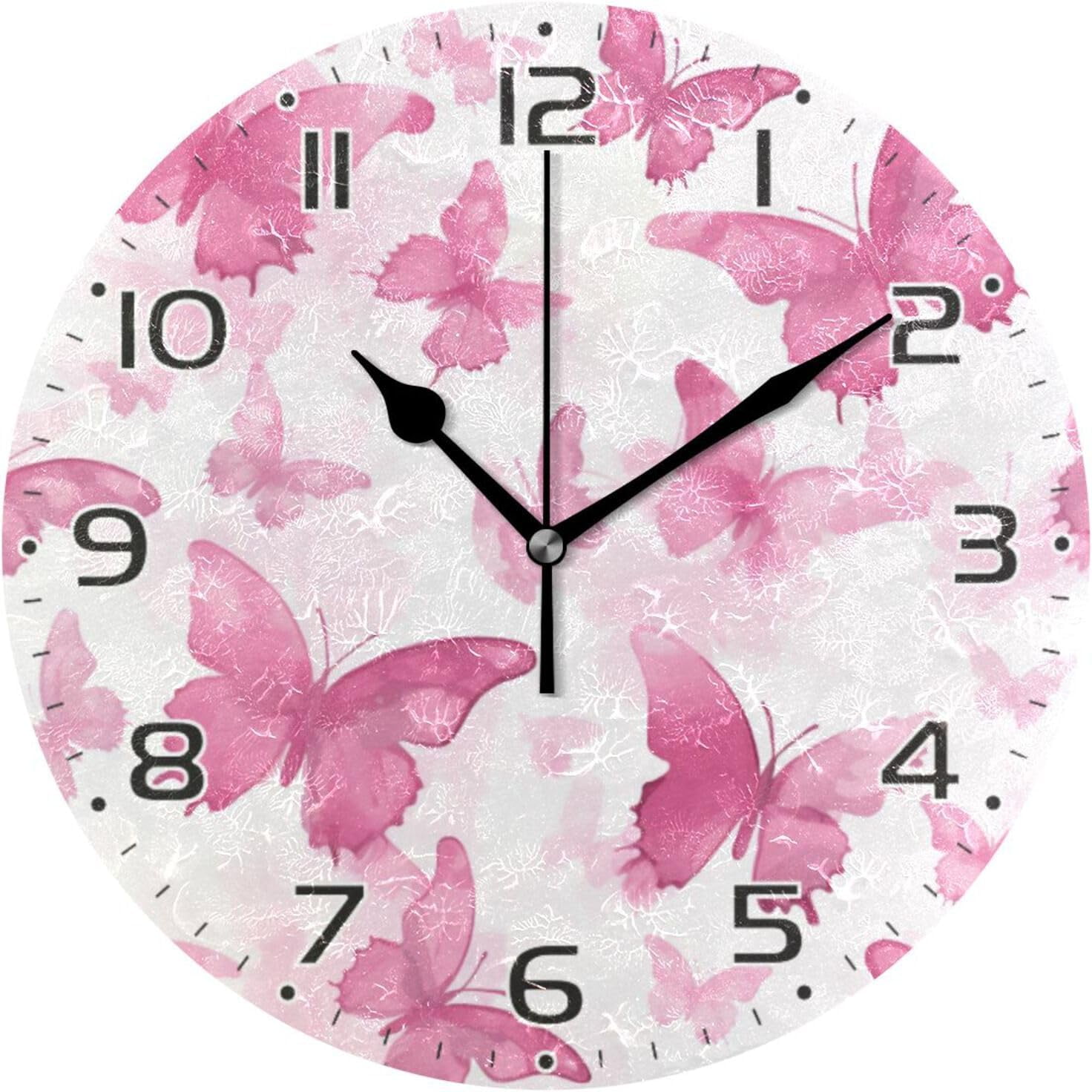 GZHJMY Pink Butterfly Clock Silent Round PVC Wall Clock Non Ticking ...