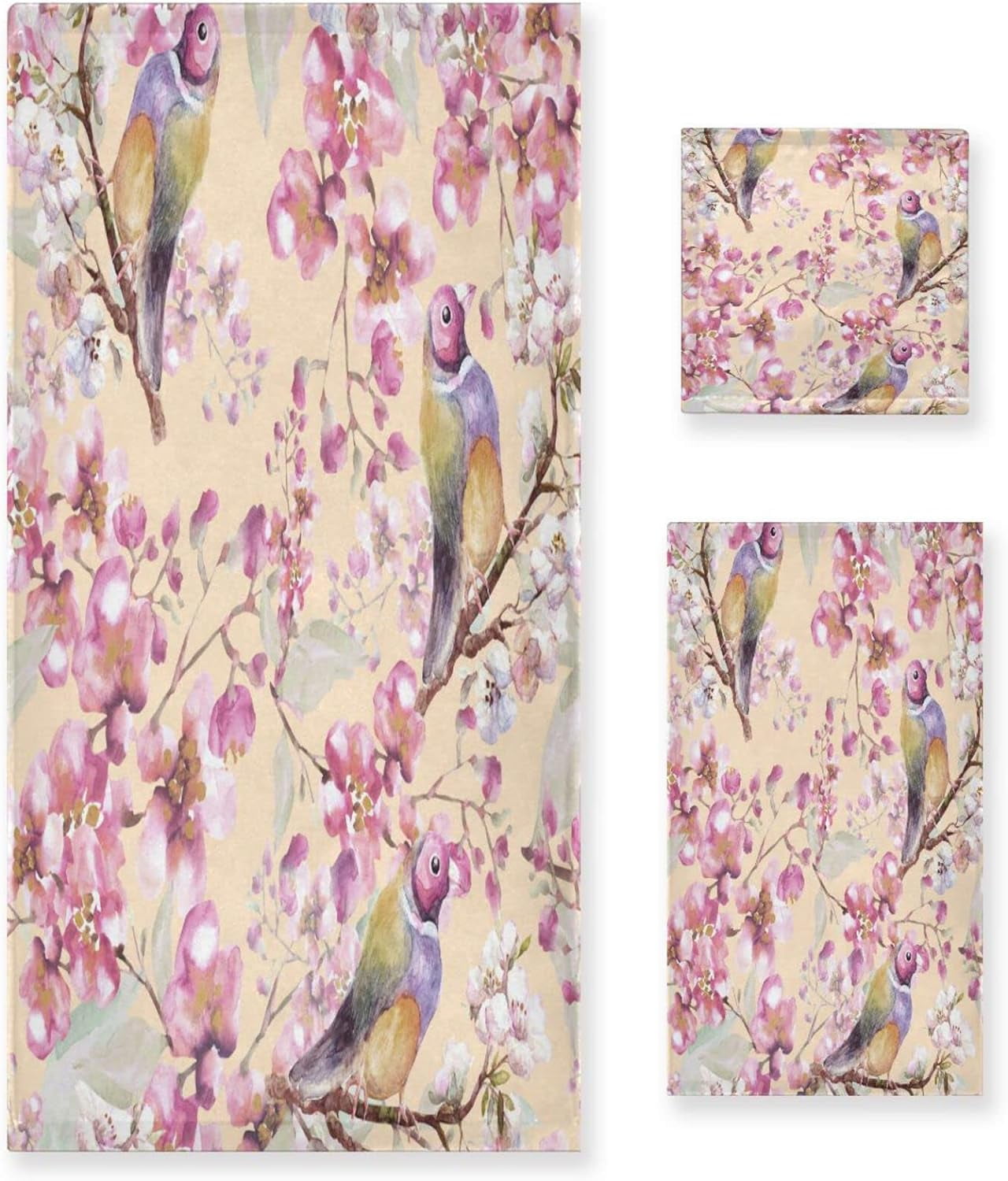 GZHJMY Pink Flower Birds Bath Towel Set of 3, Highly Absorbent & Soft ...